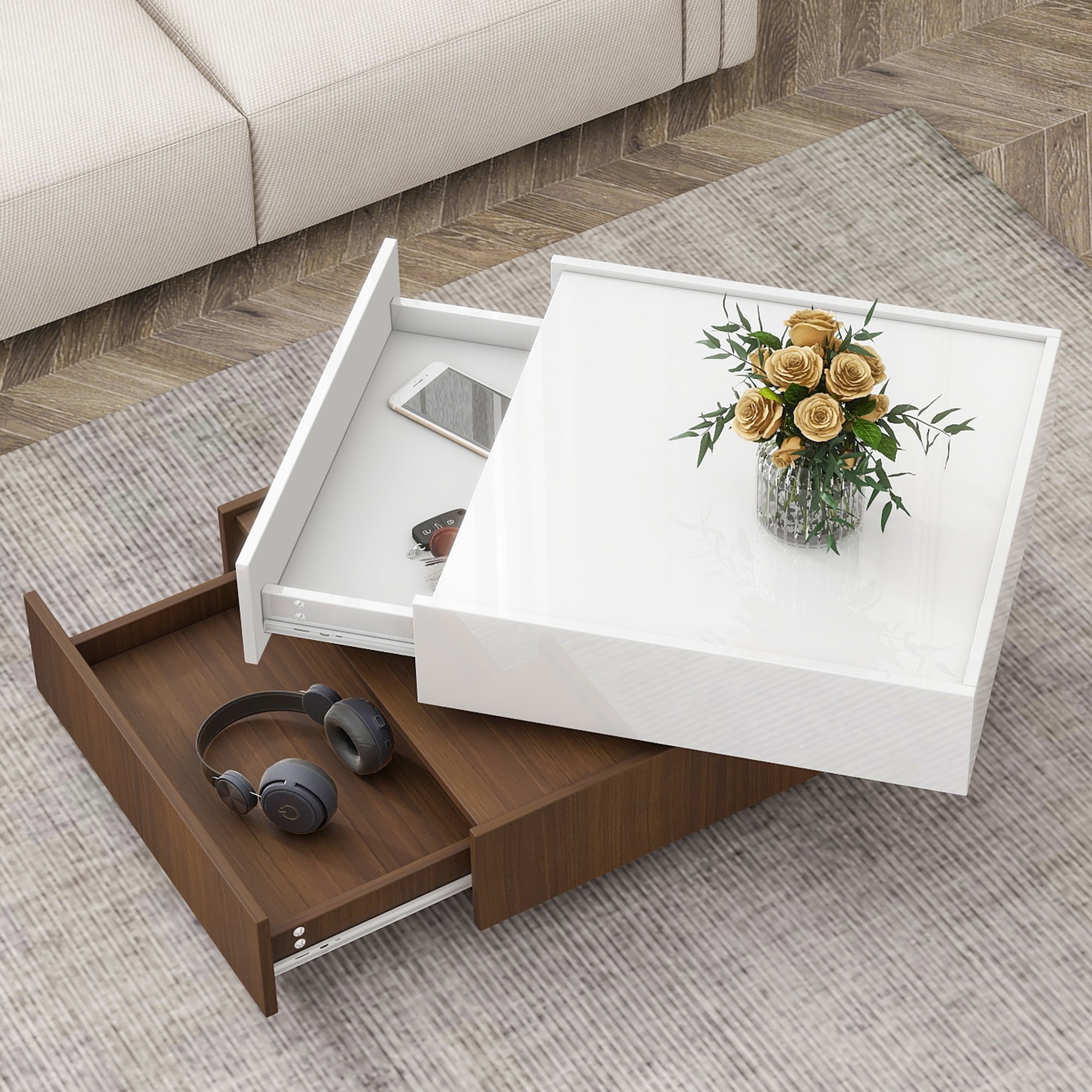Yesurprise Modern Coffee Table, 360°Rotating 2-Tier Square Center Table ...
