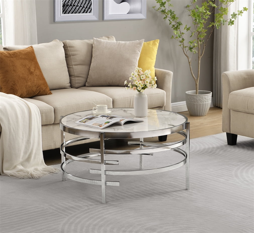 Yesurprise Modern Round Coffee Tables with Sintered Stone Top Metal ...