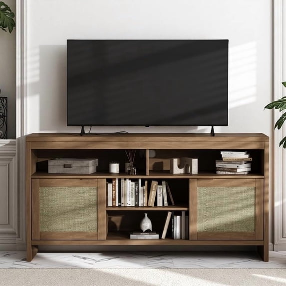 Yesurprise Rattan TV Stand with Storage Place 58" Boho TV Stand Living ...