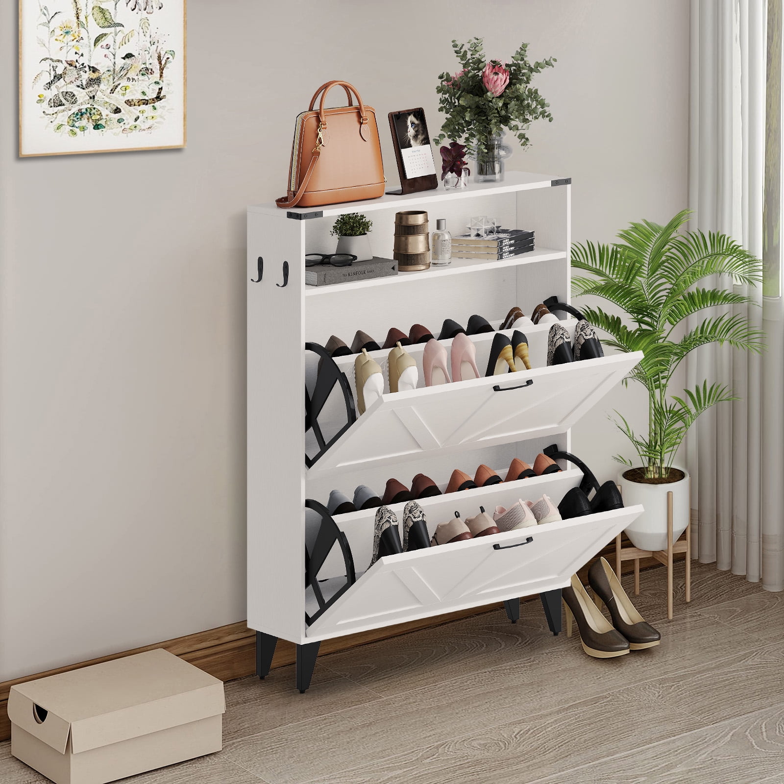 Yesurprise Shoe Cabinet with 2 Flip Drawers, Front Door Shoe Rack with ...