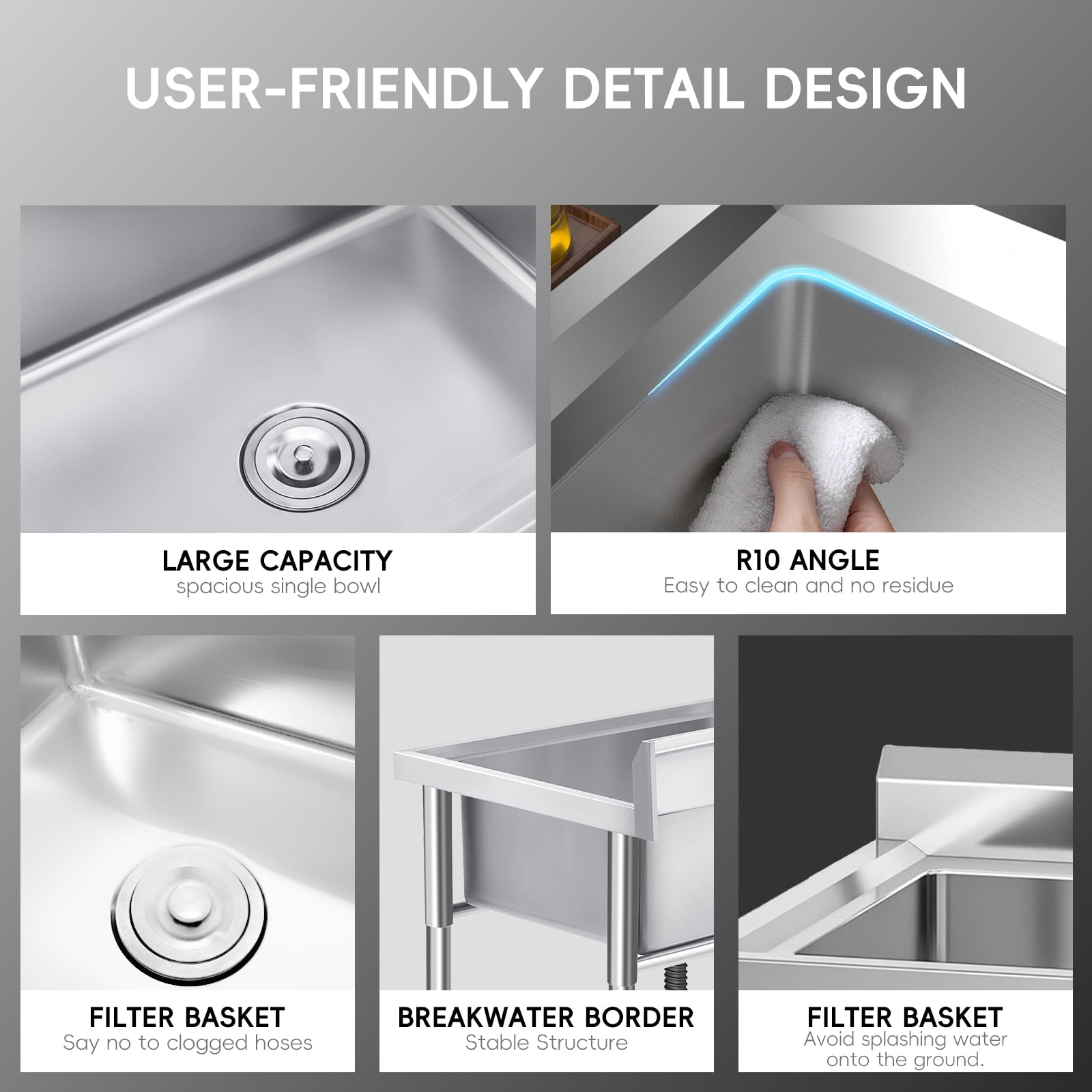 Yesurprise Stainless Steel Utility Sink with Workbench Freestanding ...