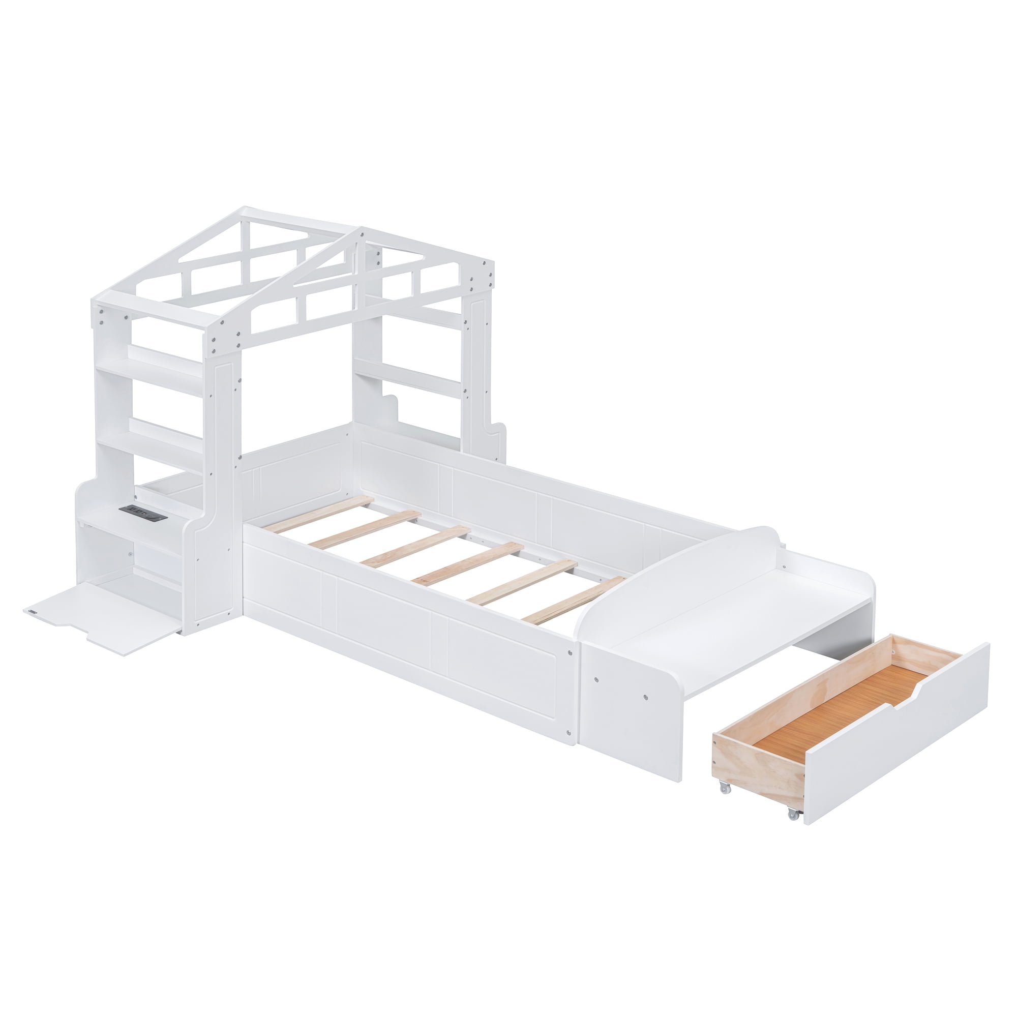 Yesurprise Twin Size House Beds with Bench Storage Shelves Socket, Twin ...
