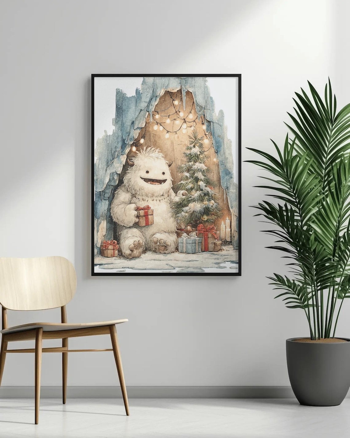 Yeti Child Opening Presents On Day: Cute Winter Cave Print, Unframed ...
