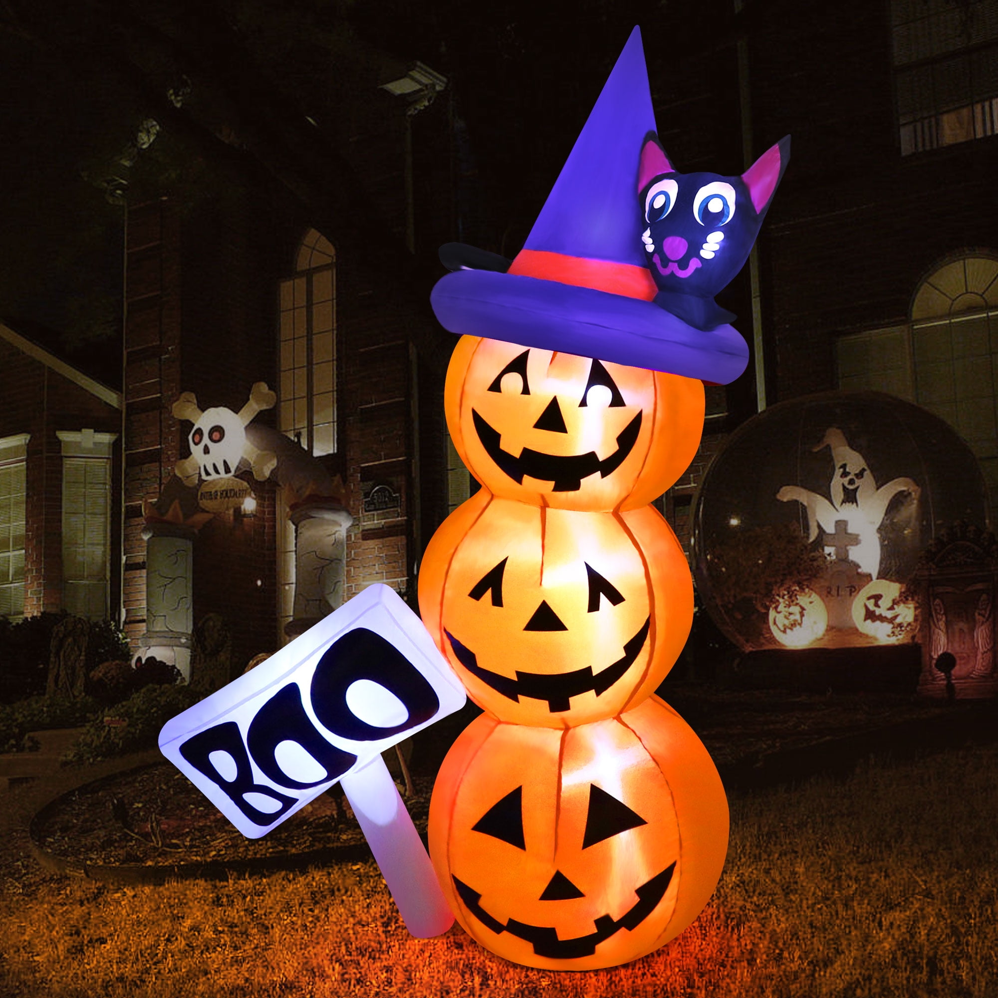 Yexmas 7FT Halloween Outdoor Inflatables Pumpkin Reaper, LED Lights Ghost for Yard, Lawn, Garden ...