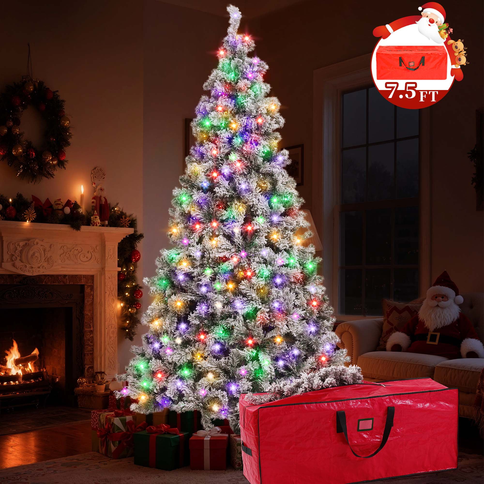Yexmas 6ft Snow Flocked Christmas Tree, Pre-Lit Artificial White ...