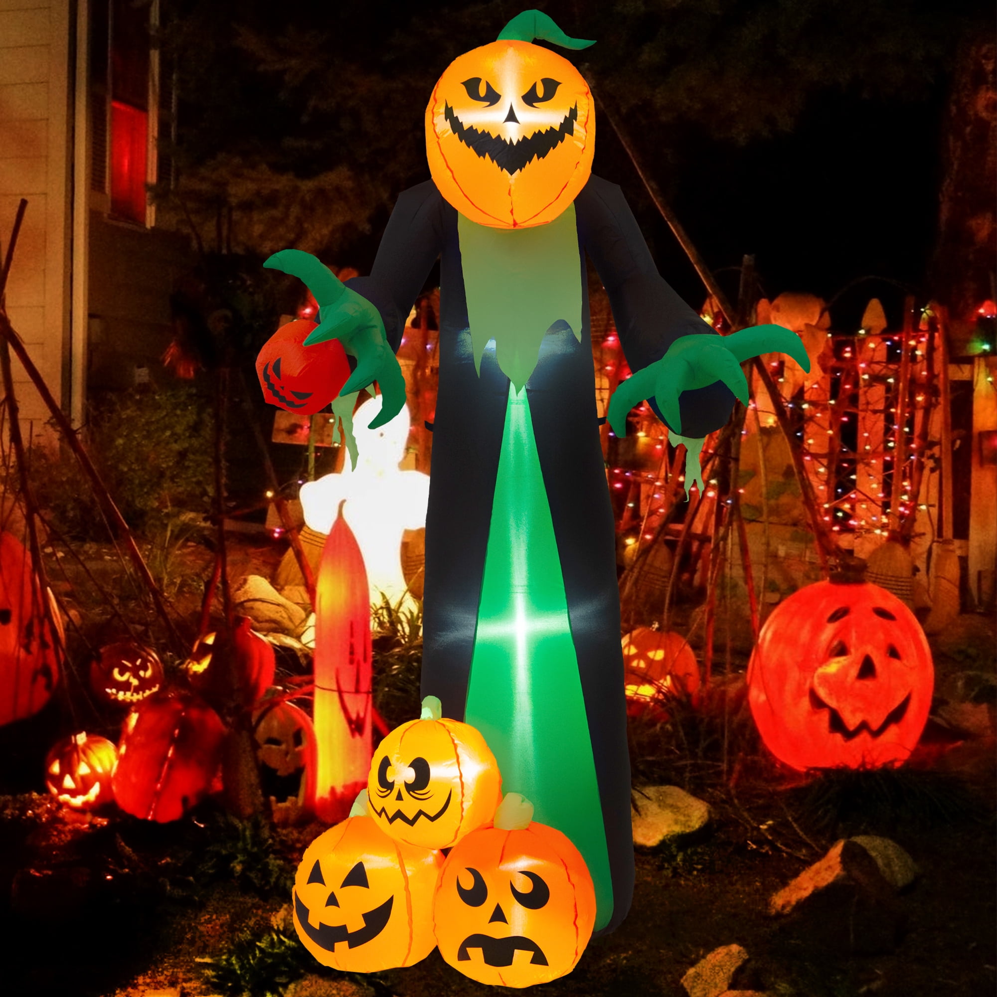 Yexmas 7ft Tall Halloween Inflatables Pumpkin Reaper W Pumpkins