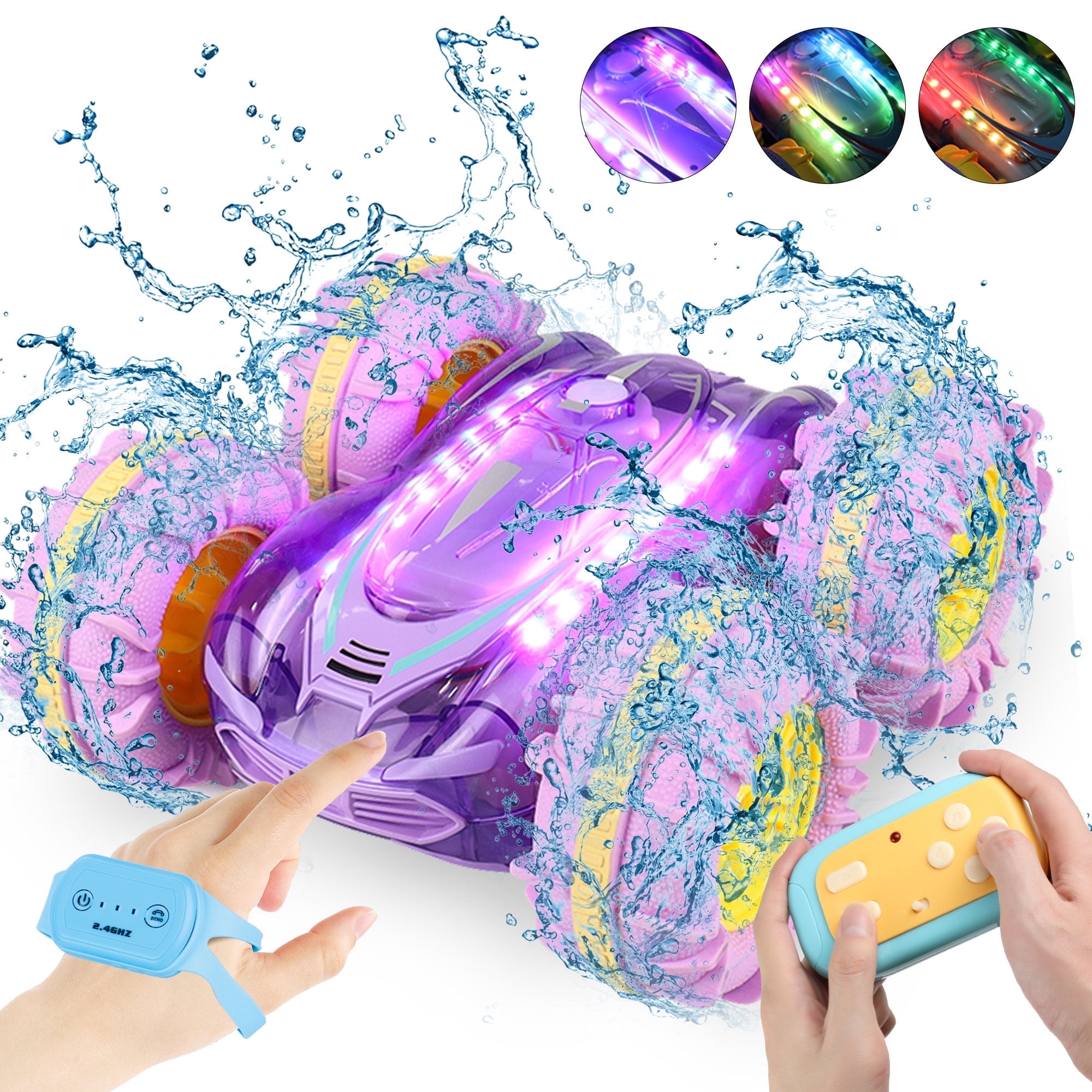 Yexmas Amphibious 4WD RC Stunt Car with LED Lights, 360° Flip, All ...