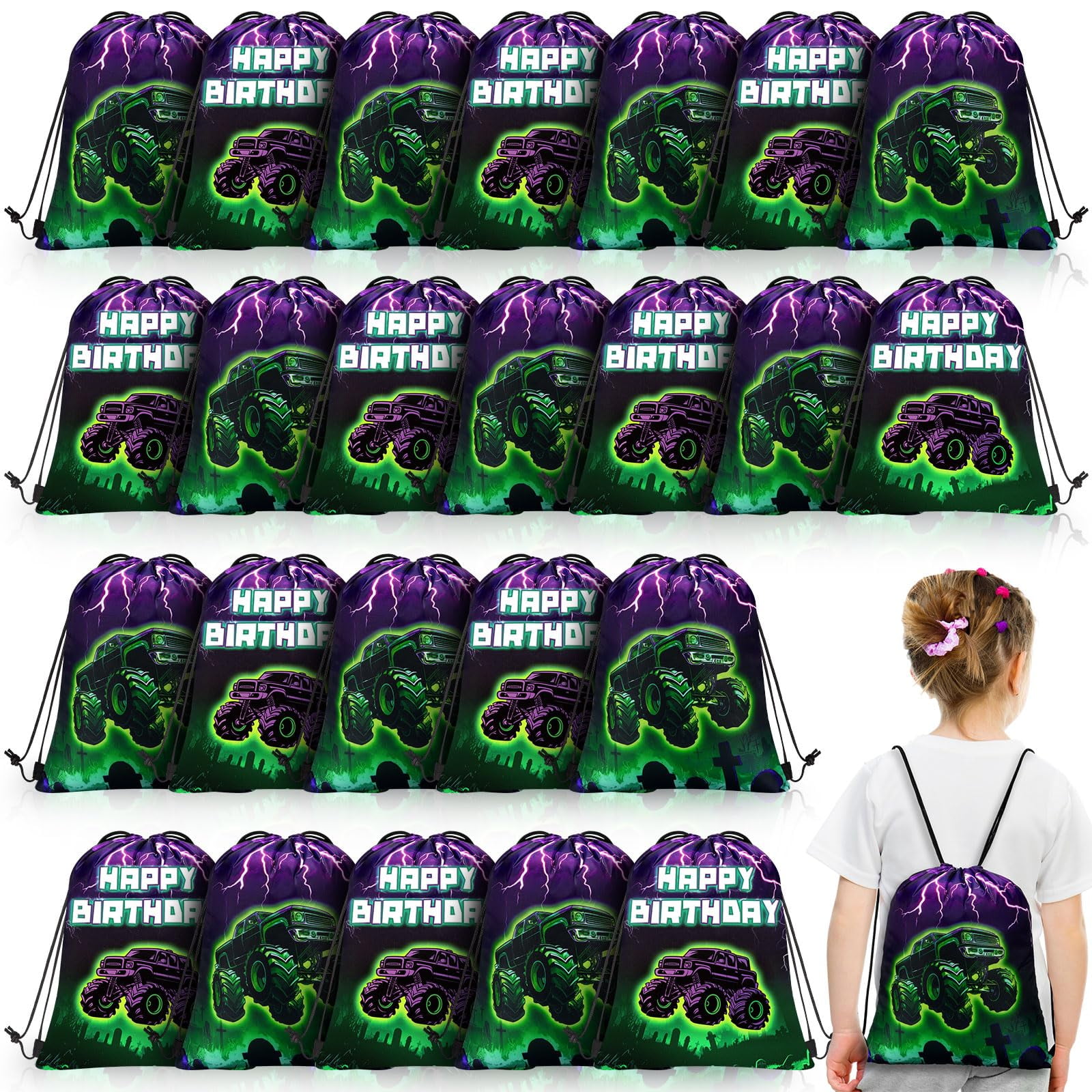 Yeyeplum 24 Pieces Monster RRF12 Truck Party Drawstring Bags Kids Green ...