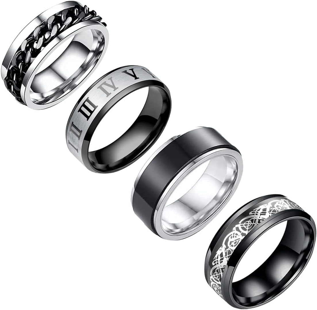 Yfstyle 4 Pieces Regular Rings Men Stainless Steel Rings Men Wedding ...