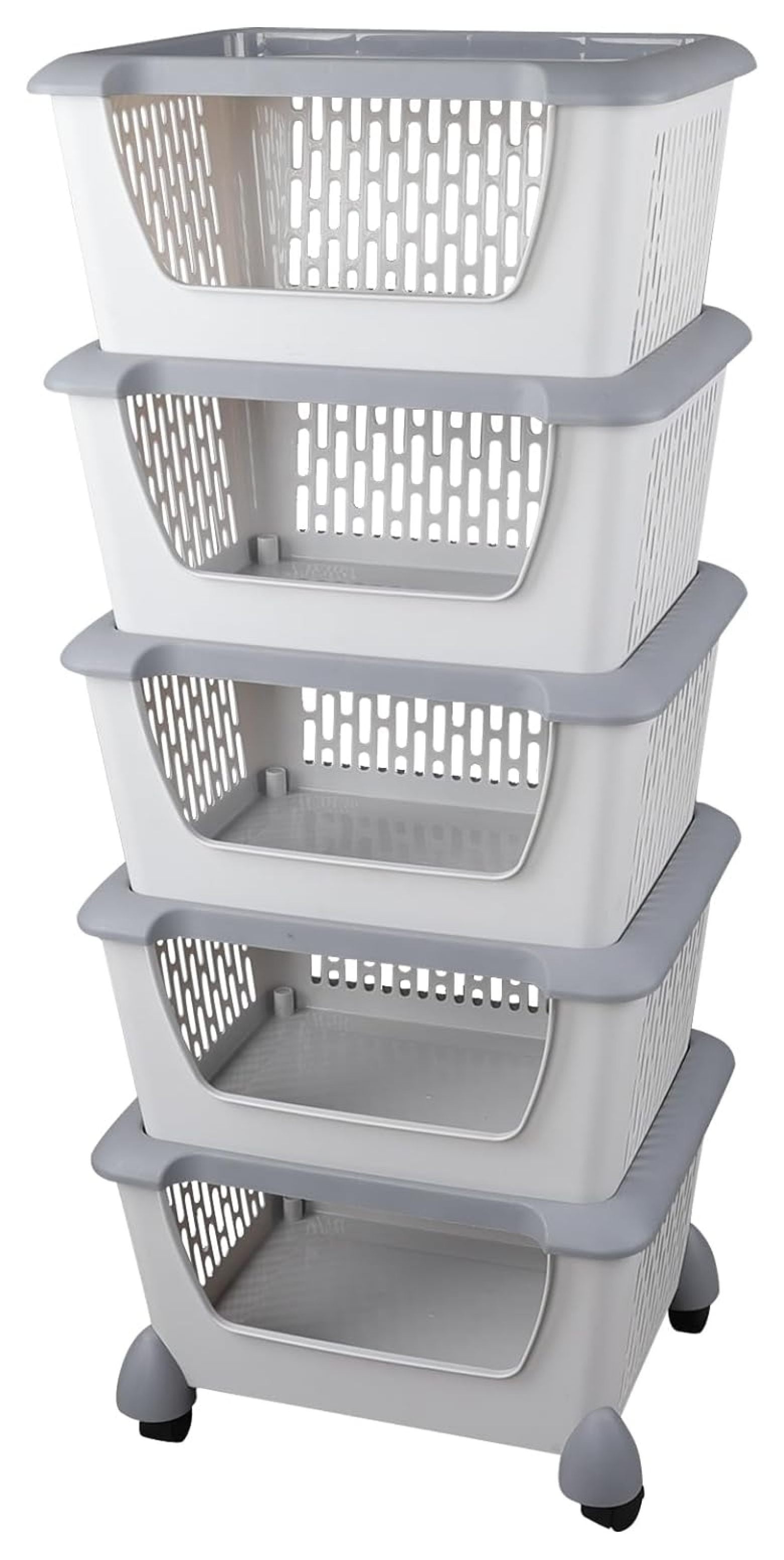 YfulYde 5 Tiers Plastic Stackable Baskets with Wheels, Grey Stacking ...