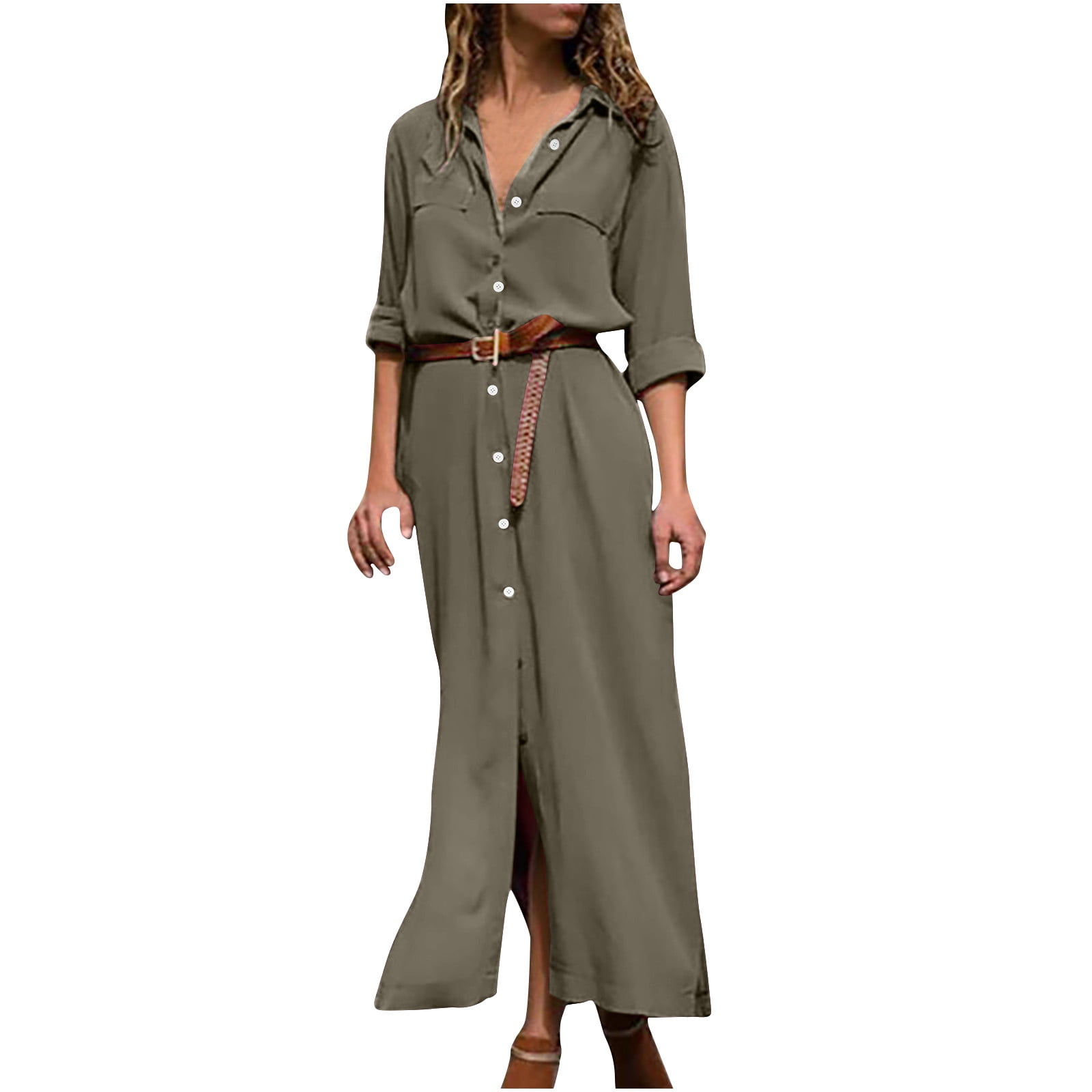 Ygbgbb Women's Loose Long Sleeve Button Down Shirt Dresses Summer Beach Long Maxi Dress with ...