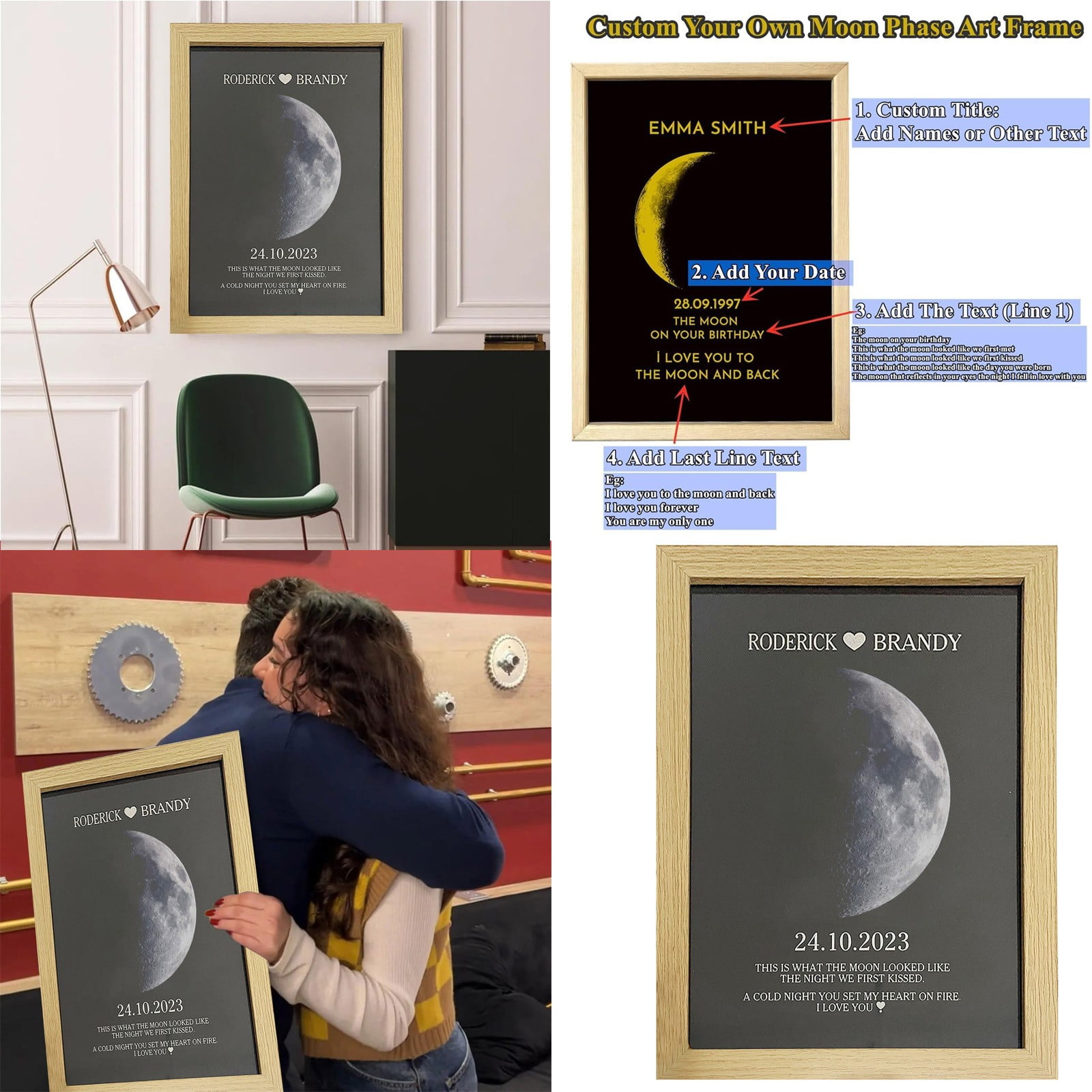Ygdeyg Moon Phase And Name Wooden Frame With Your Text 'The Night We ...