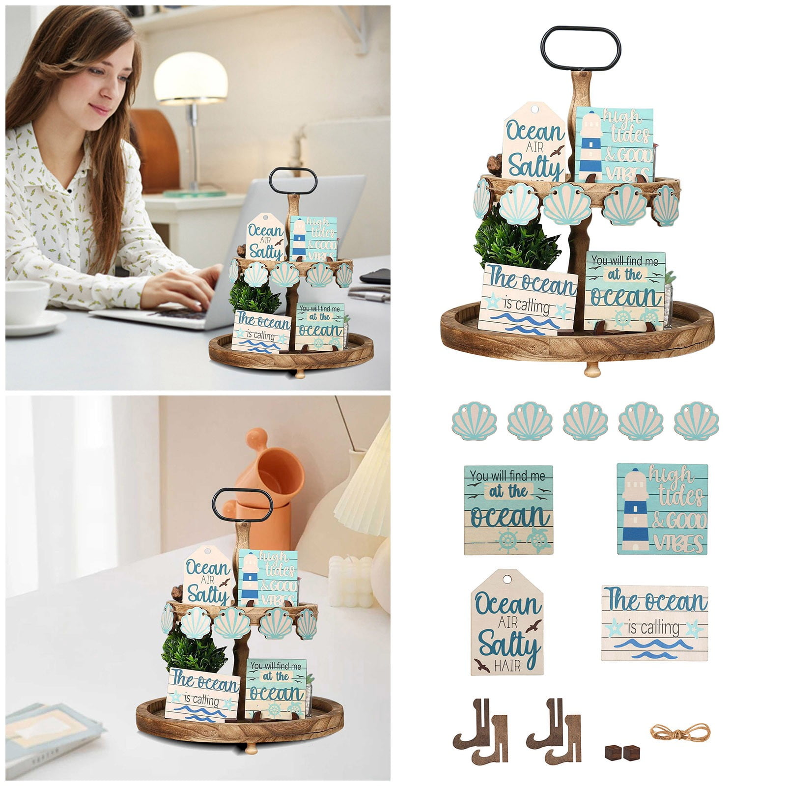 Ygdeyg Summer Beach Tiered Tray Decor Set Farmhouse Ocean Wood Sign ...