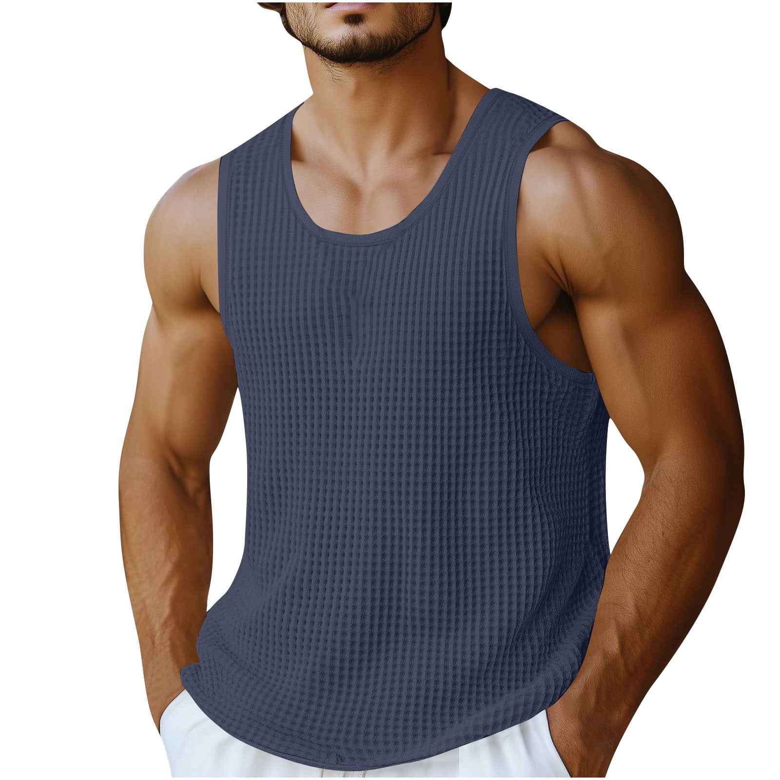 Yghzkop Men's Retro Waffle Texture Stretch Tank Top Round Neck Gym ...