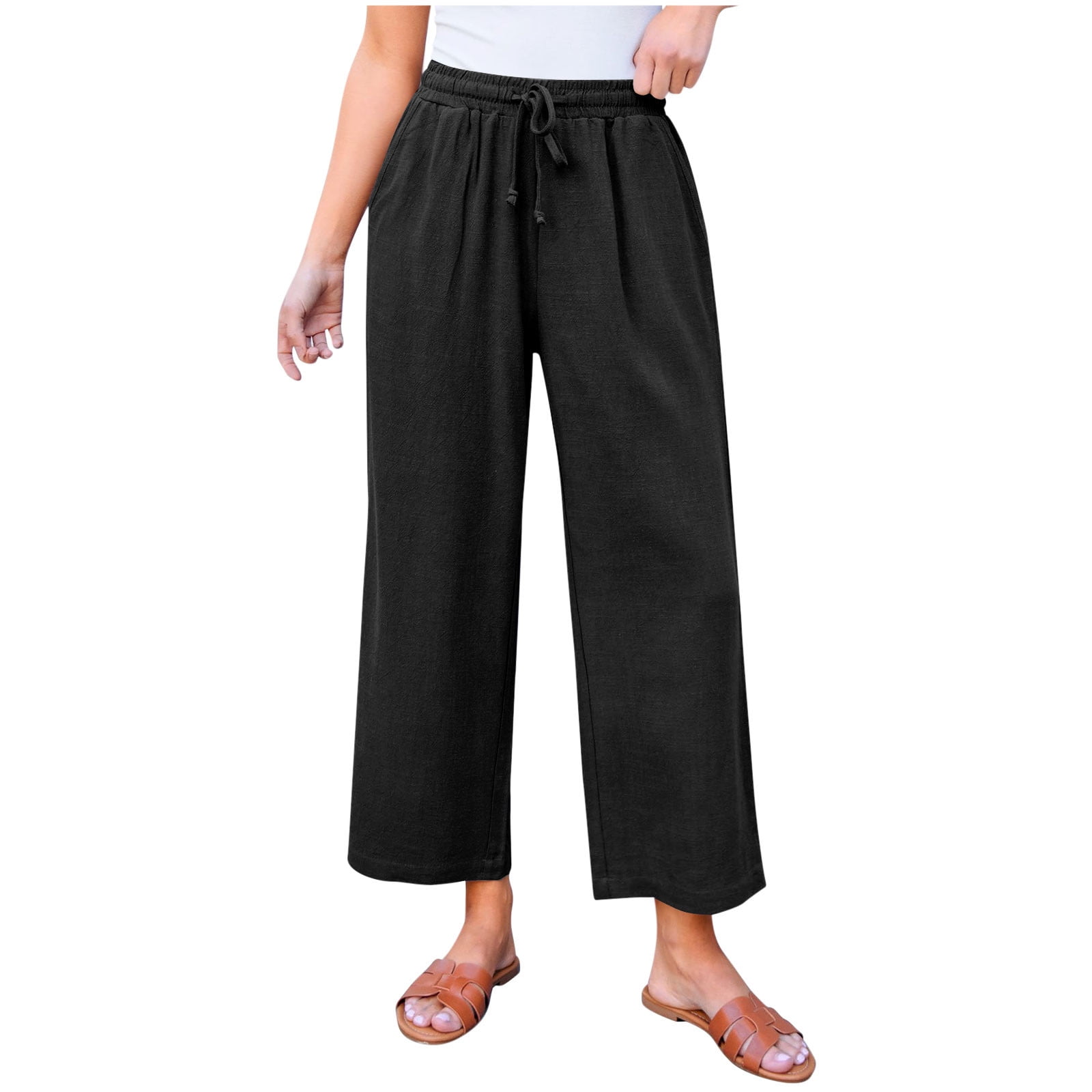 Yghzkop Women's Cotton Linen Cropped Pants Drawstring Waist Long Pant ...