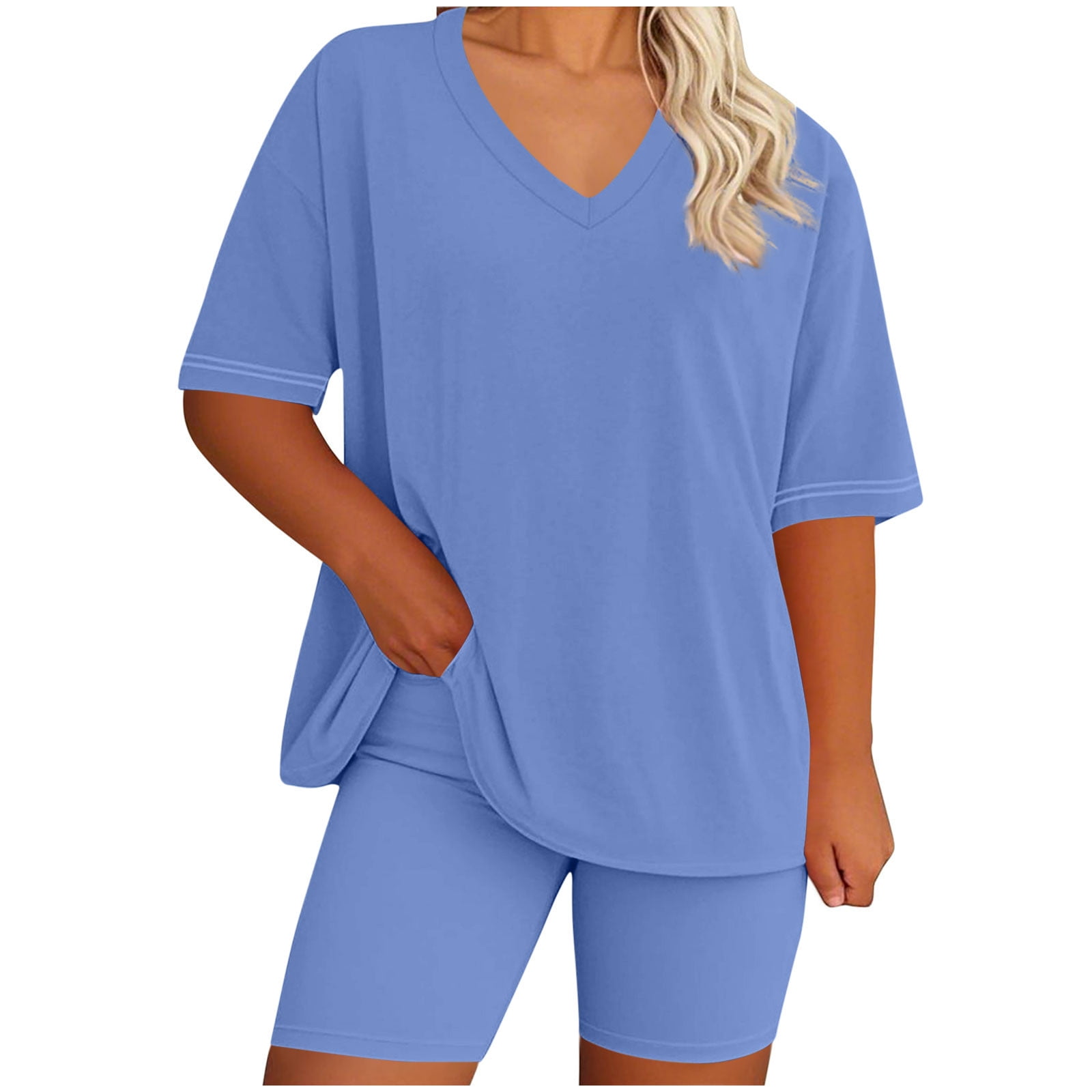 Yghzkop Women's Tops & Shorts Set Short Sleeve V-Neck Shirt Drawstring ...