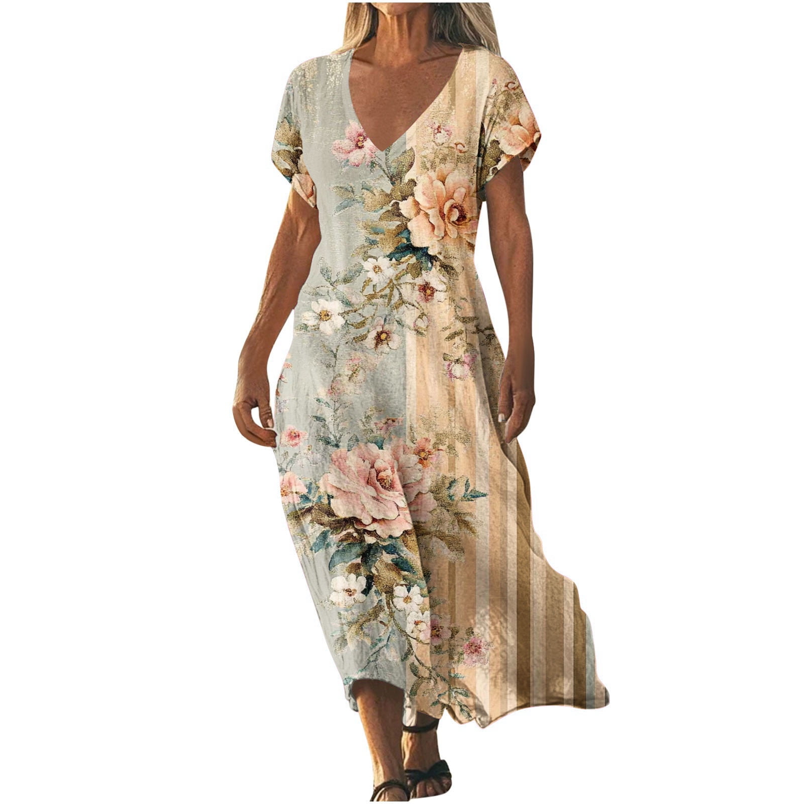 Yghzkop Womens Botanical Print V-Neck Short Sleeve Dress Long Skirt ...