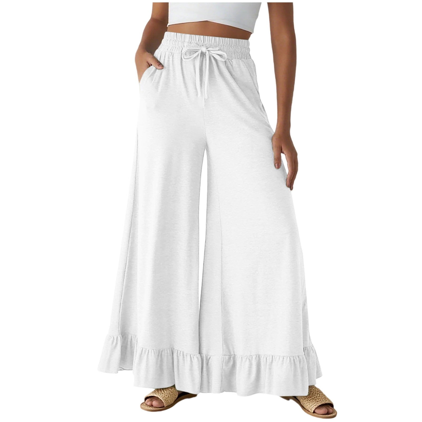 Yghzkop Womens Flared Leg Pants Flowy Wide Leg Trousers Elastic ...