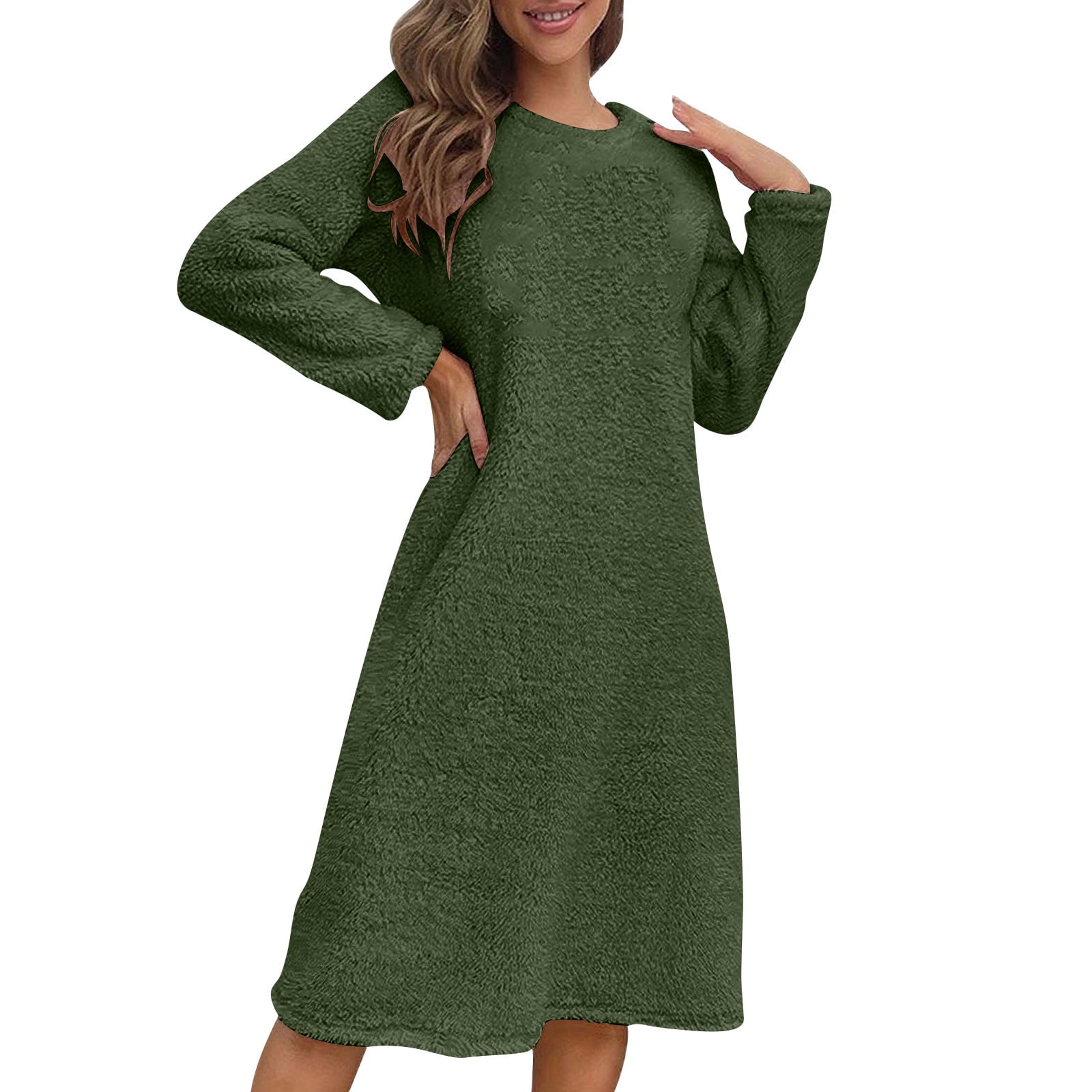 Yghzkop Womens Fleece Nightgown Long Sleeve Solid Color Pullover ...