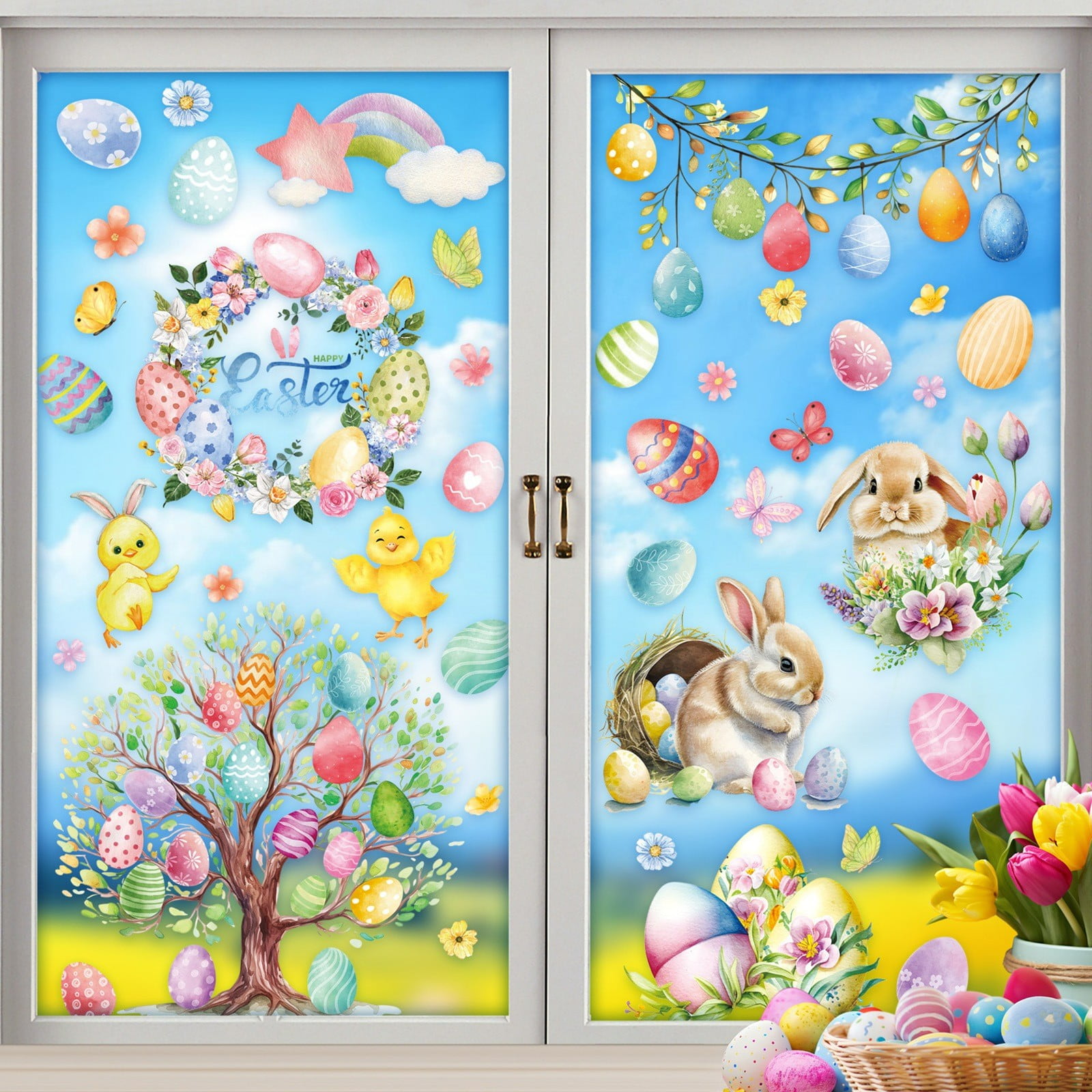 YgkuHd Easter Window Stickers Cute Animals And Eggs Components Easy To ...