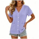 YgkuHd Women V Neck Button Tops, Solid Faux Linen Short Sleeve Tops ...