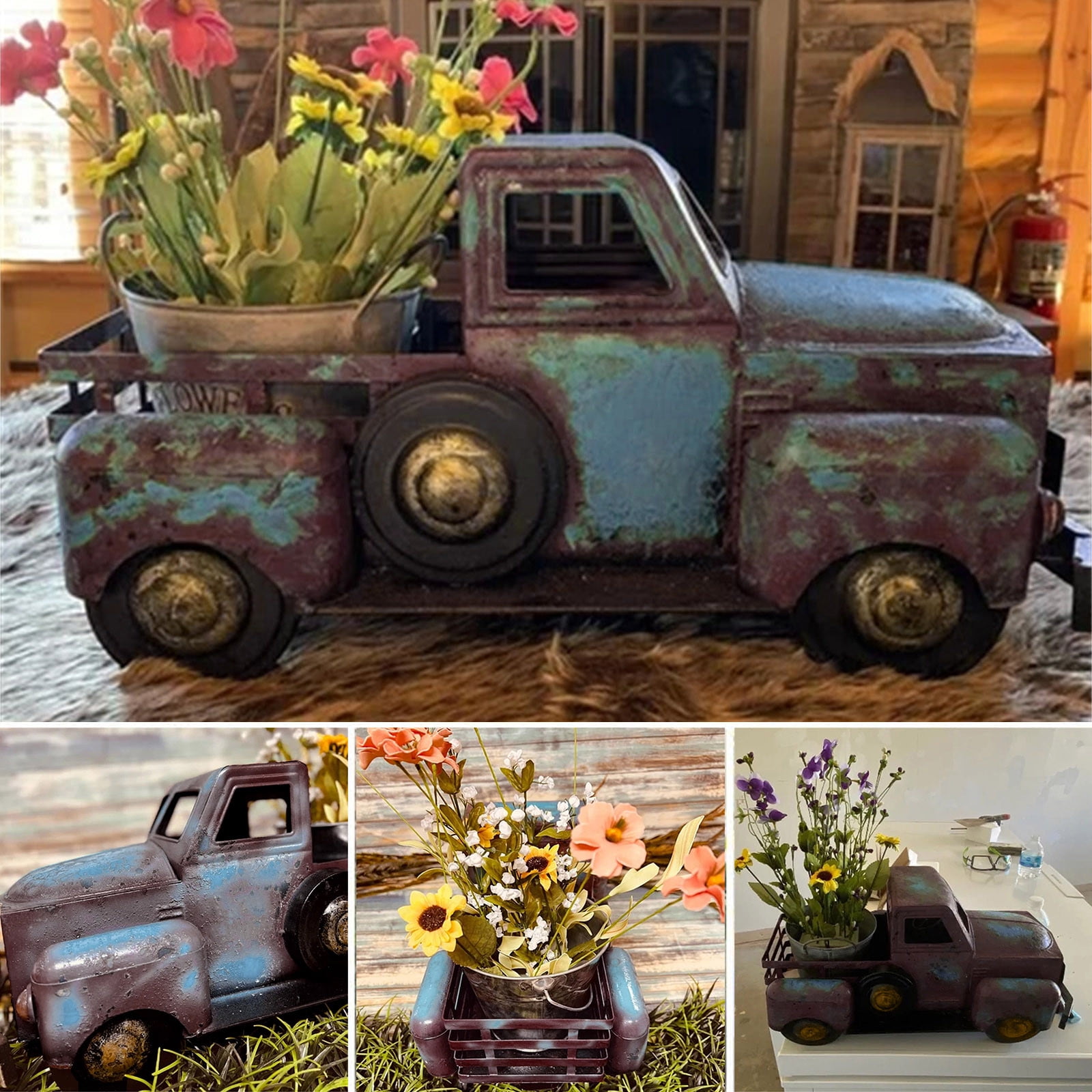 YhengbK Retro Style Pickup Truck Flower Pot, Resin Adorable Cars Mini ...