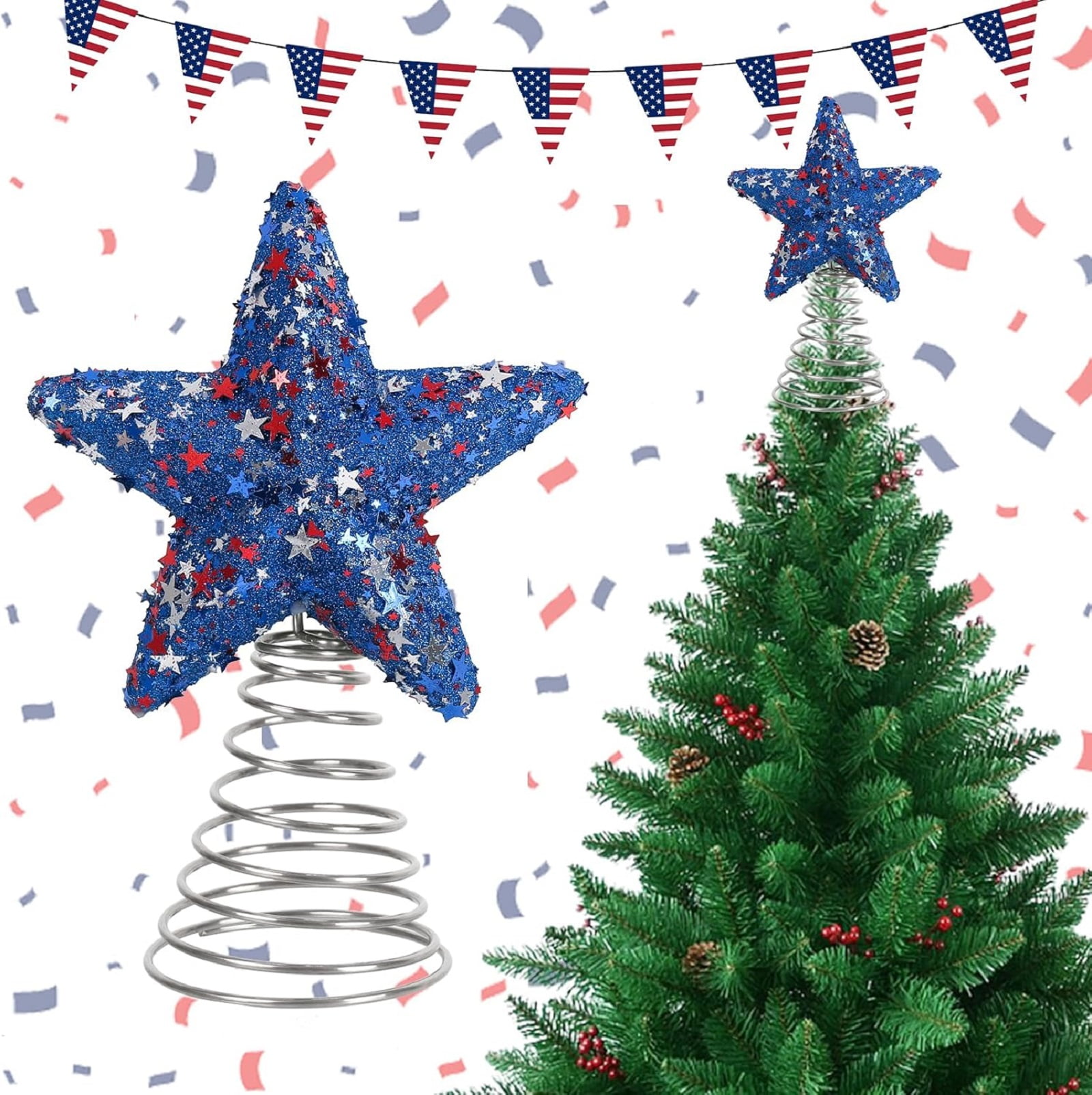 Yhmxh 4th of July Festive Glitter Tree Topper Star, Red White Blue Tree ...