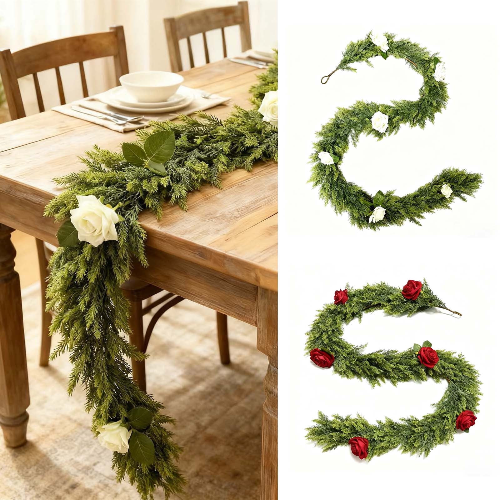 Yhmxh Christmas Cedar Garland with Rose, 6ft Realistic Soft Faux Cedar ...