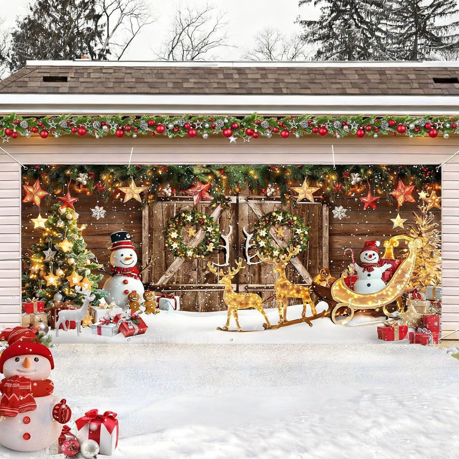 Yhmxh Christmas Garage Door Cover Banner Decorations 7x16ft Decorations ...