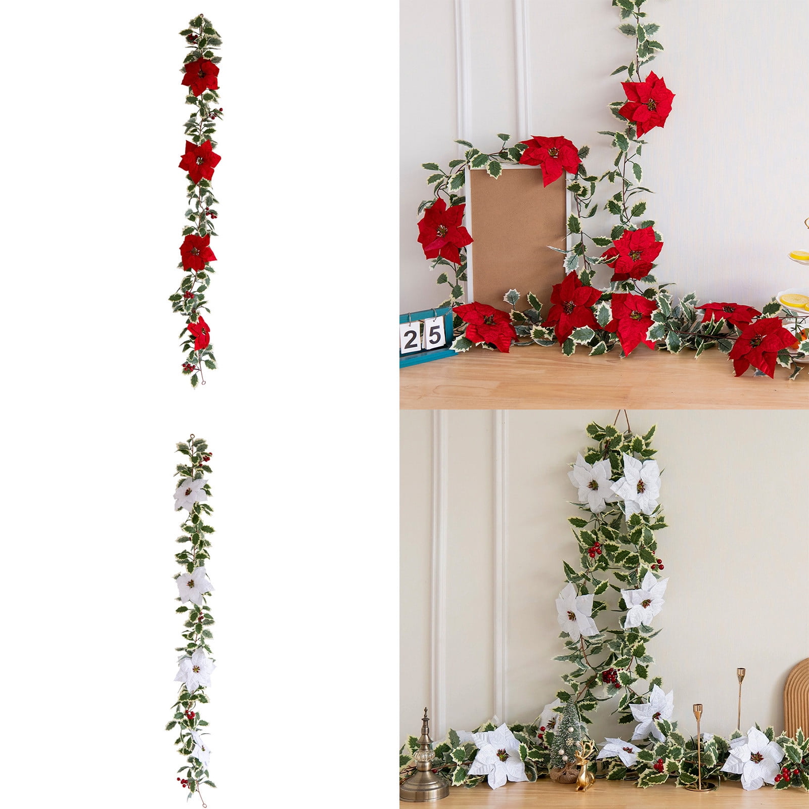 Yhmxh Christmas Poinsettia Garland 6 Feet Artificial Poinsettia Garland ...