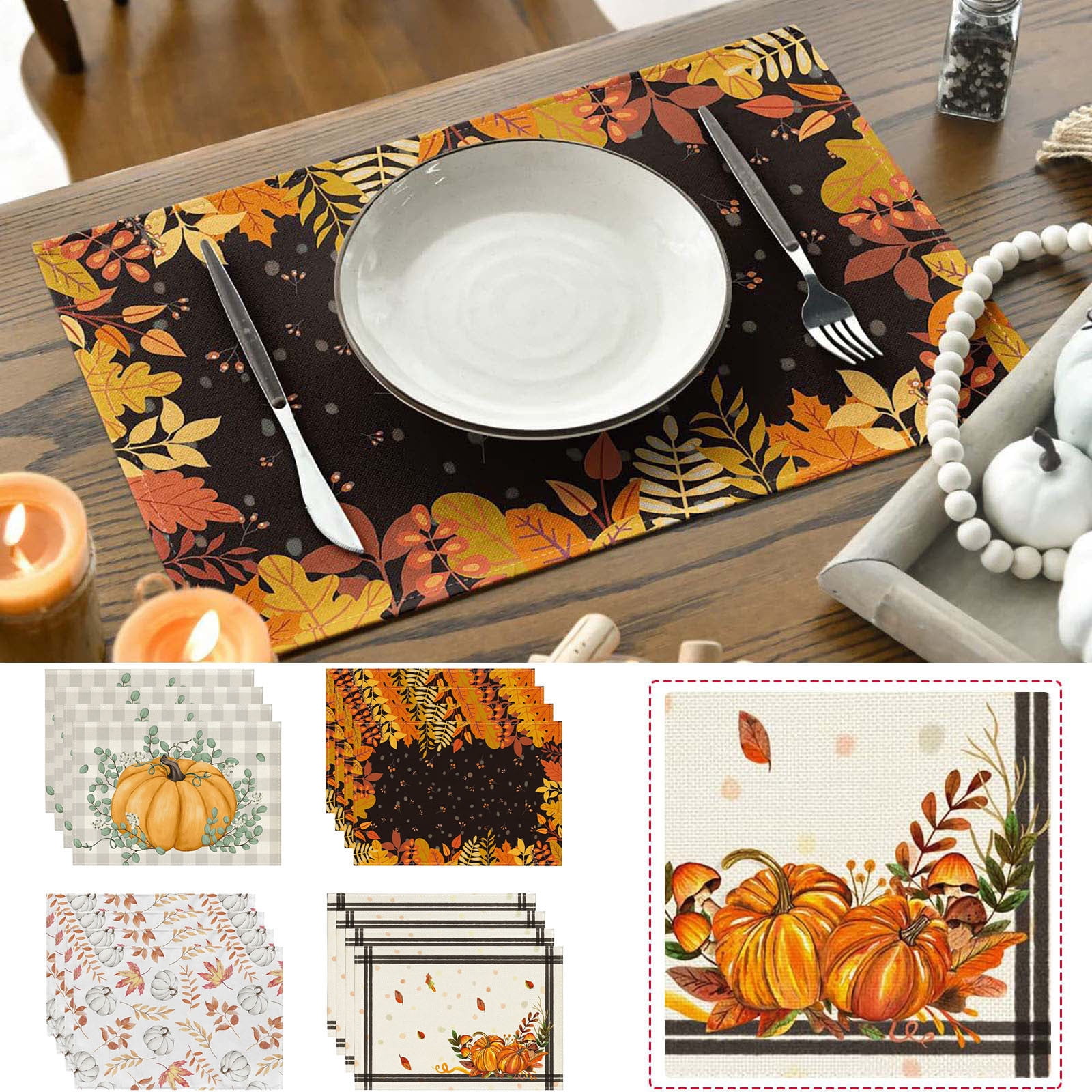 Yhmxh Fall Thanksgiving Linen Placemats Set of 4, 12x18 Inch Autumn ...