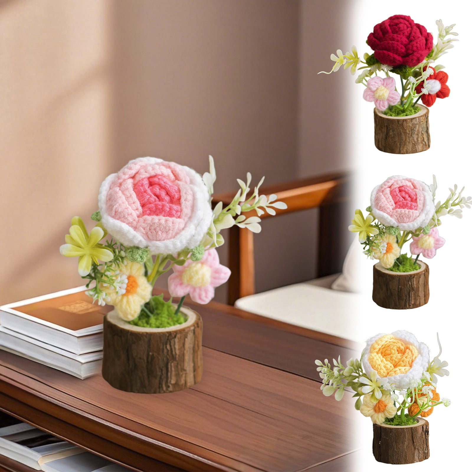 Yhmxh Handmade Crochet Knitted Rose Flower Bouquet, Cute Knitted Potted ...
