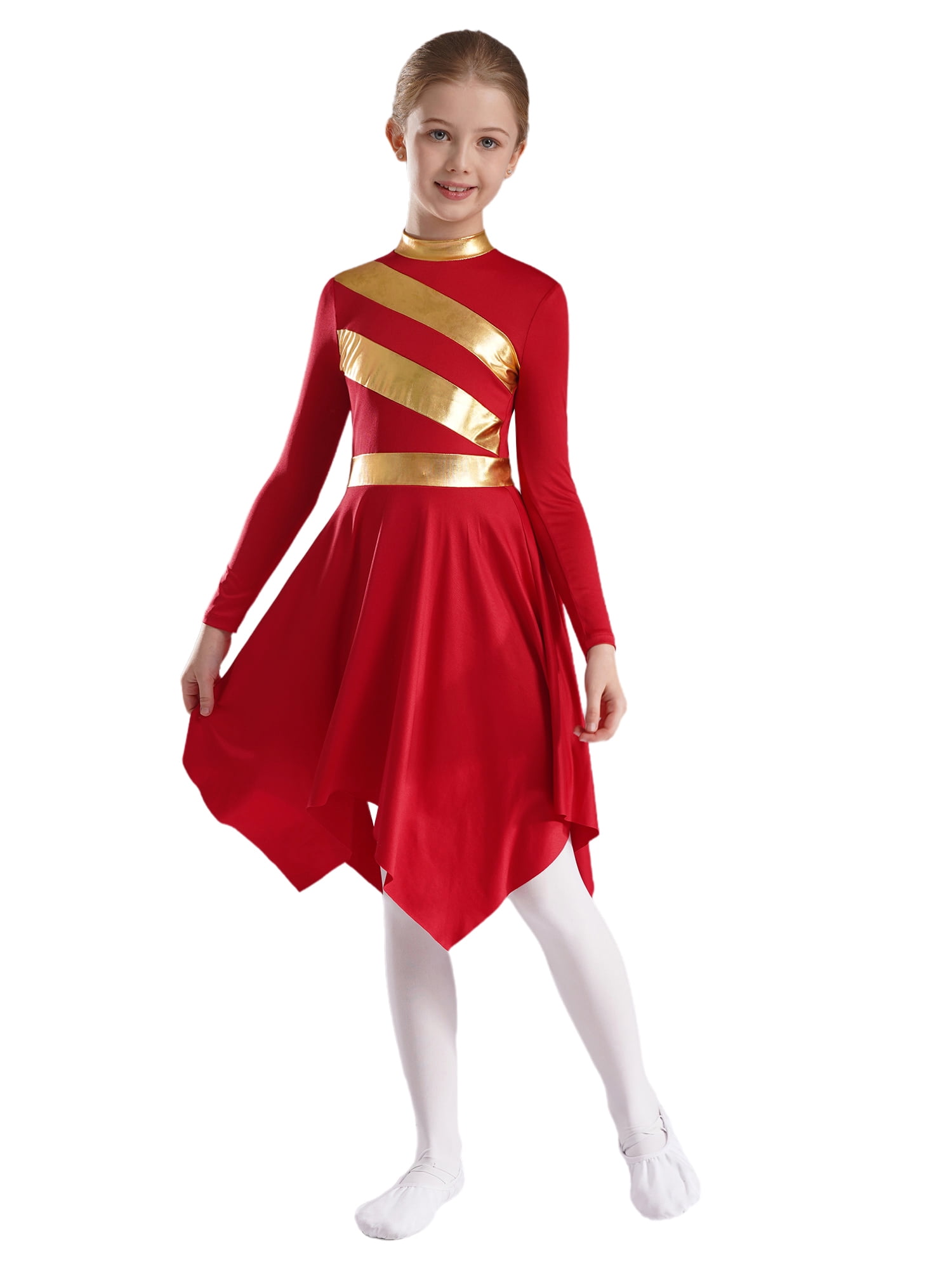Yhong Kids Girls Liturgical Praise Dance Dress Long Sleeve Metallic ...