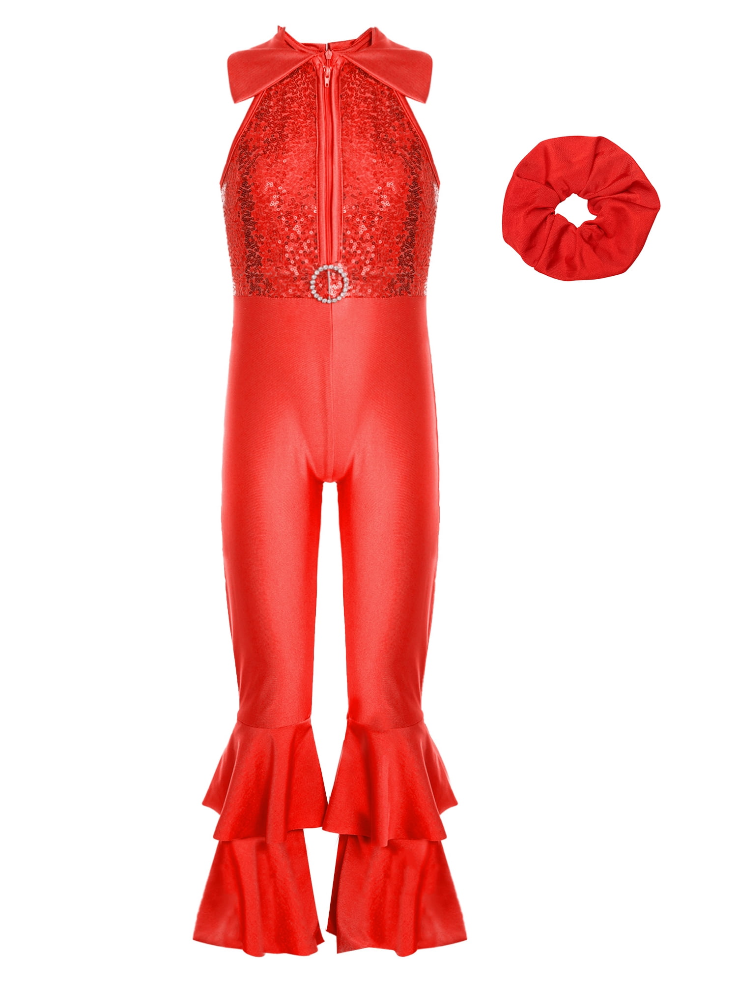 Yhong Kids Girls Sequin Sleeveless Leotard Bell-Bottom Jumpsuit with Hairband Sparkly Disco ...