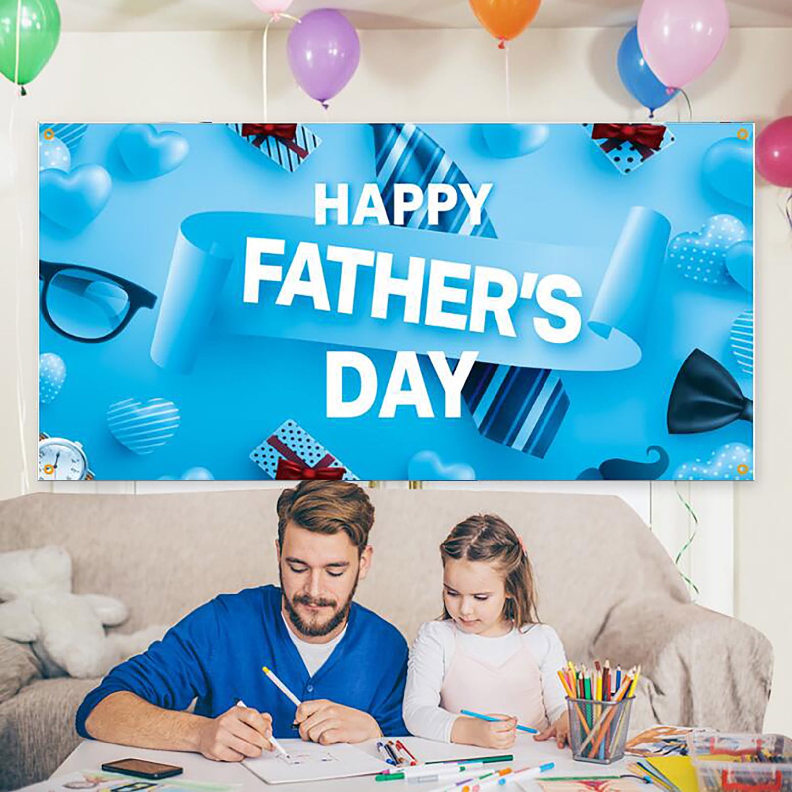 YiBai Happy Father's Day Backdrop Banner, 71*35 Inch Large Size Blue ...