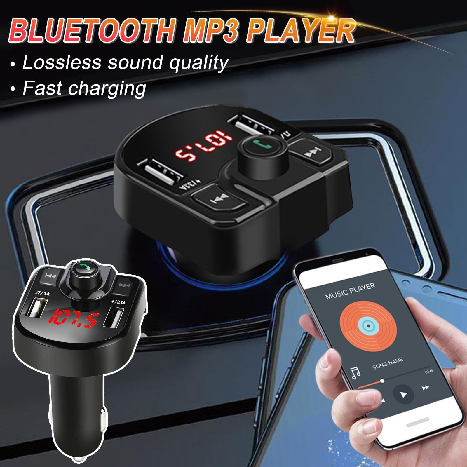 YiBai USB In-Car Adapter Wireless Bluetooth Fast USB Charger Hands FM ...