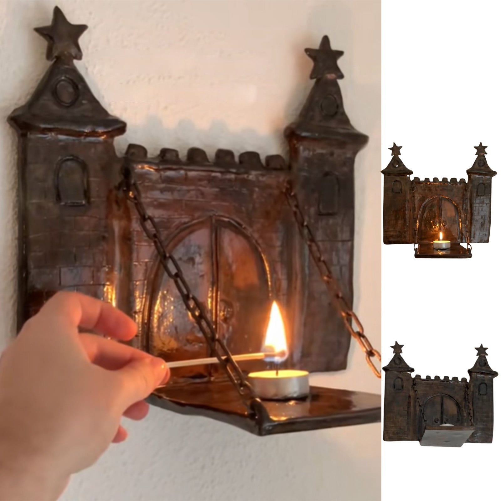 YiJuHui 2pcs Medieval Castle Wall Sconce Candle Holder - Rustic Resin ...