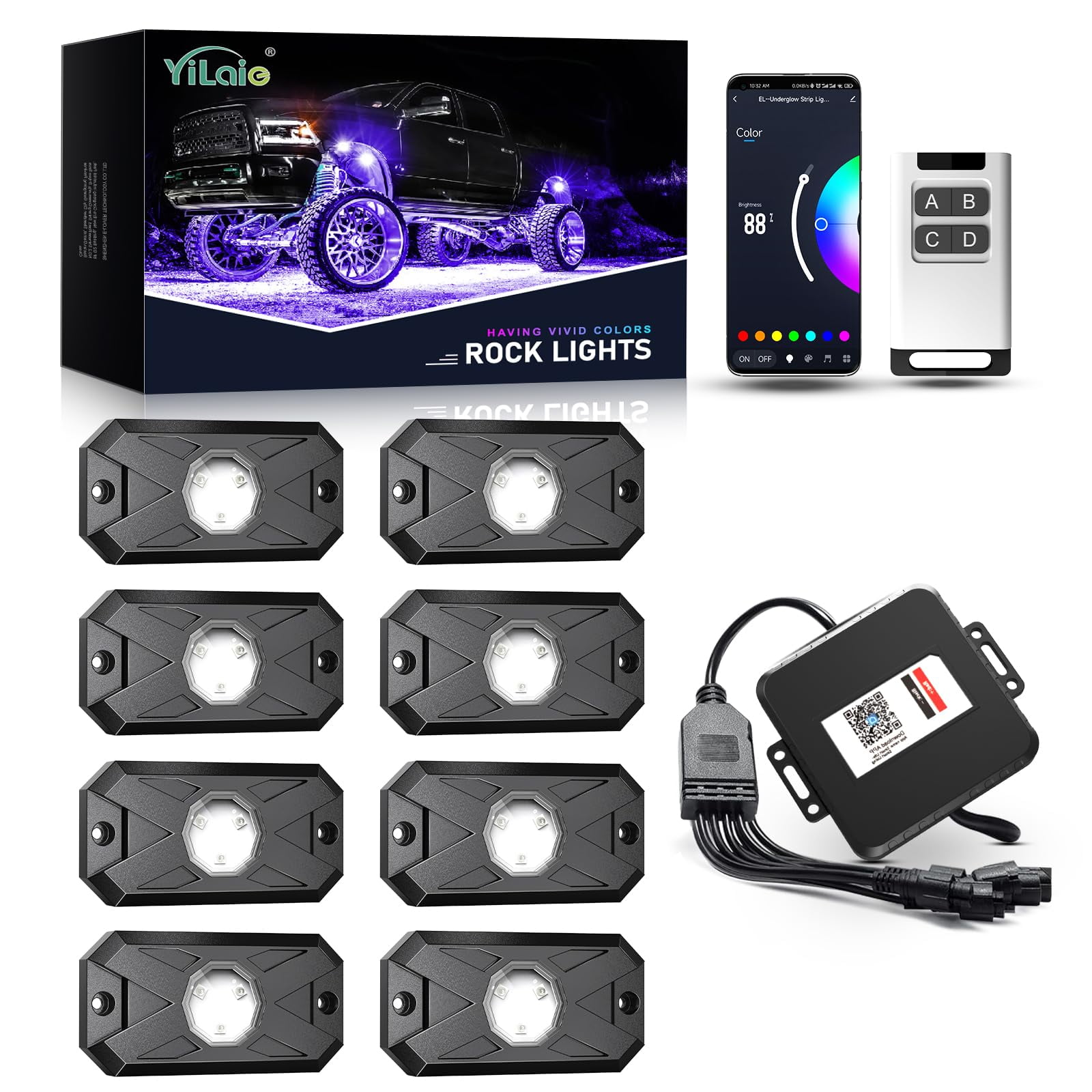YiLaie RGB LED Rock KEF16 Lights Kit 8Pods with APP/RF Remote Control, Upgraded Underglow ...