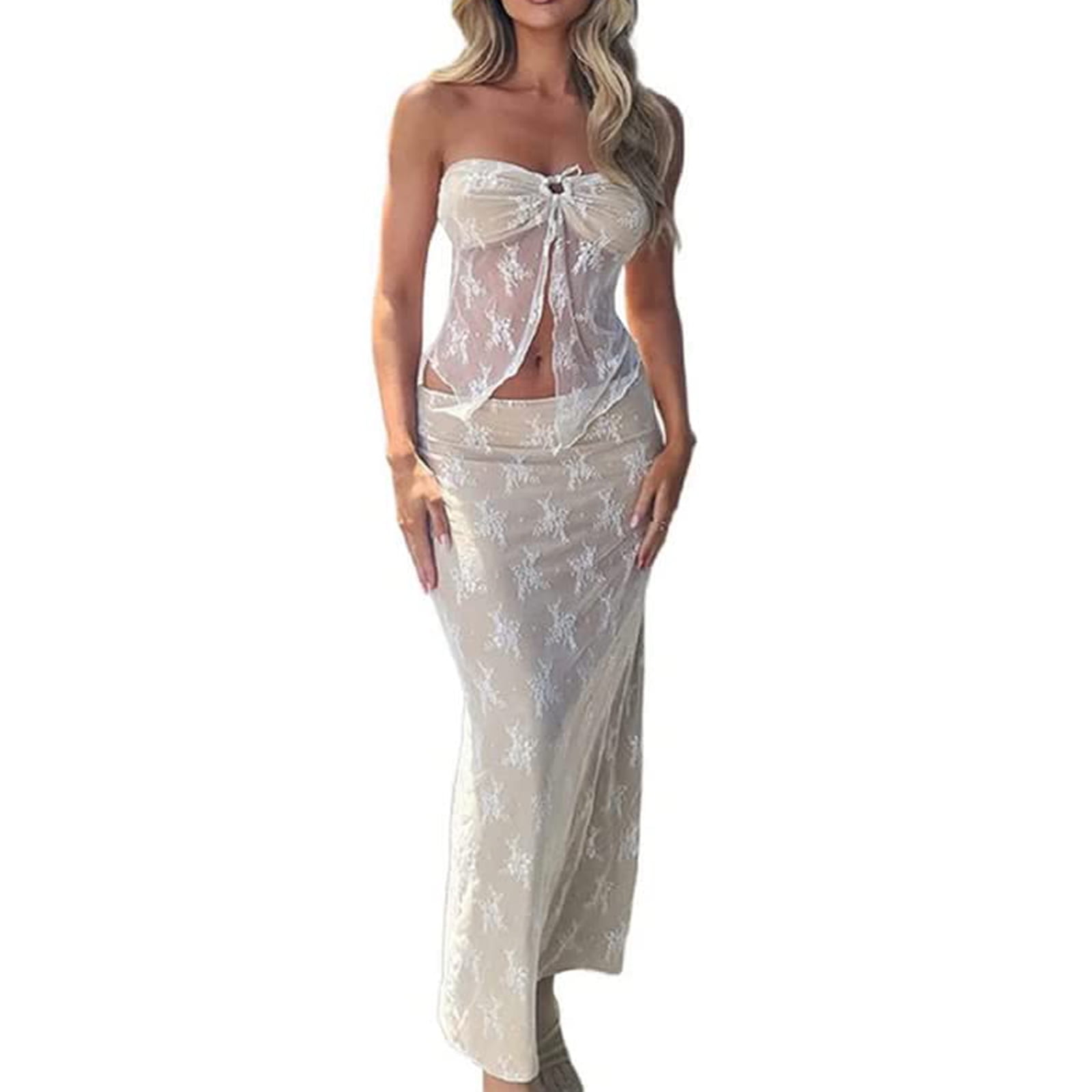 Yilvust Women 2 Piece Lace Skirt Set Sexy Sheer Mesh Slim Fit Crop Top Low Waist Bodycon Wrap