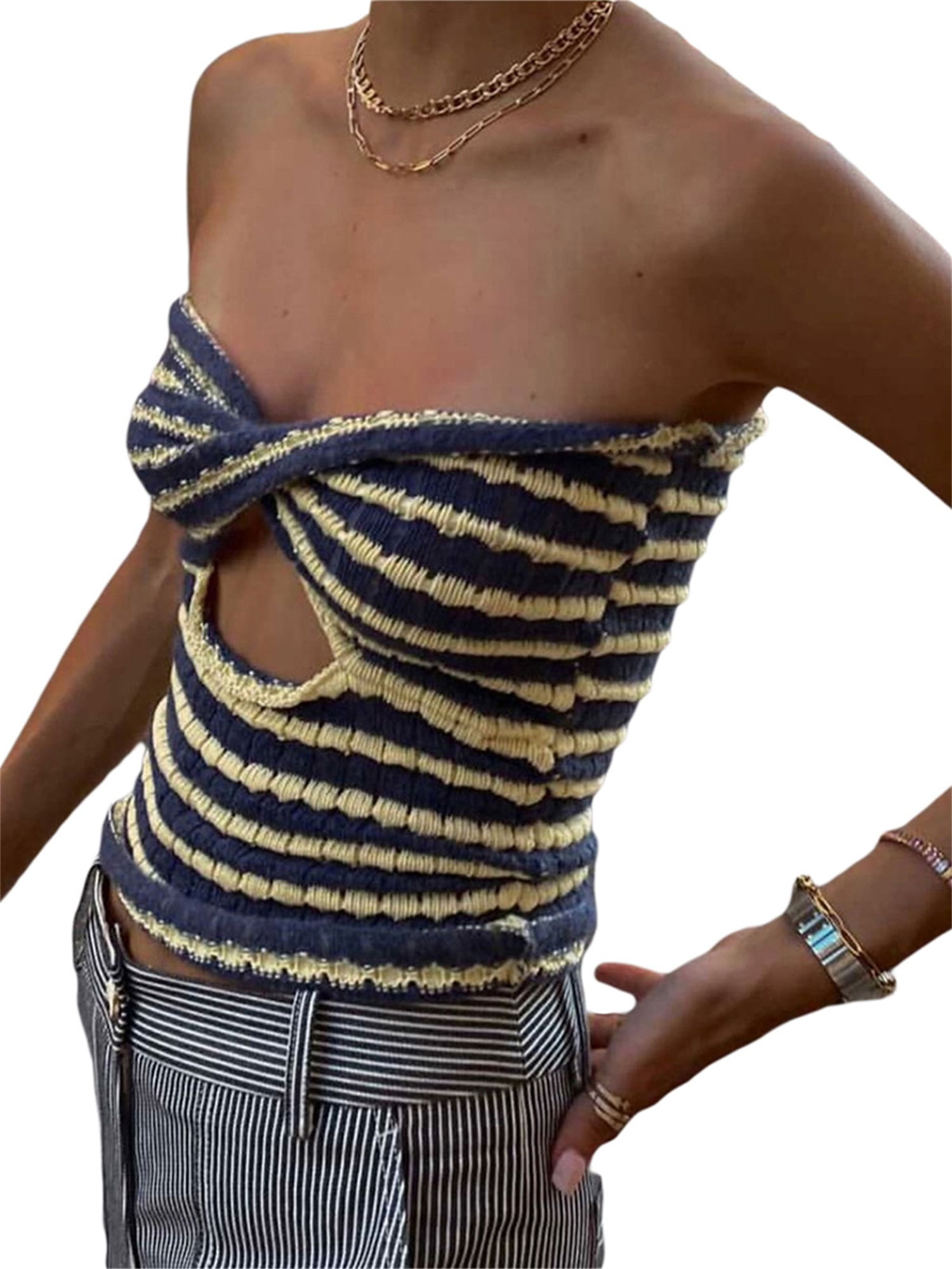 Yilvust Women Sexy Knitted Strapless Tube Top Twist Front Hollow Crop