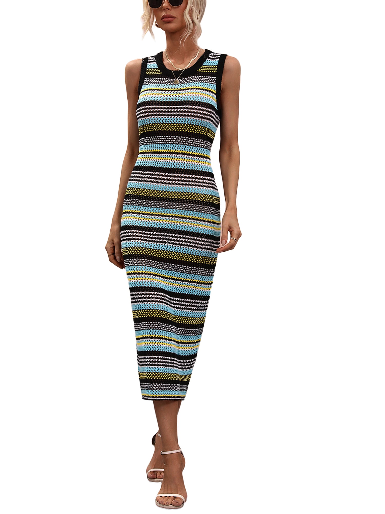 YiLvUst Women's Summer Cutout Maxi Dress Sleeveless Knit Hollow Out ...