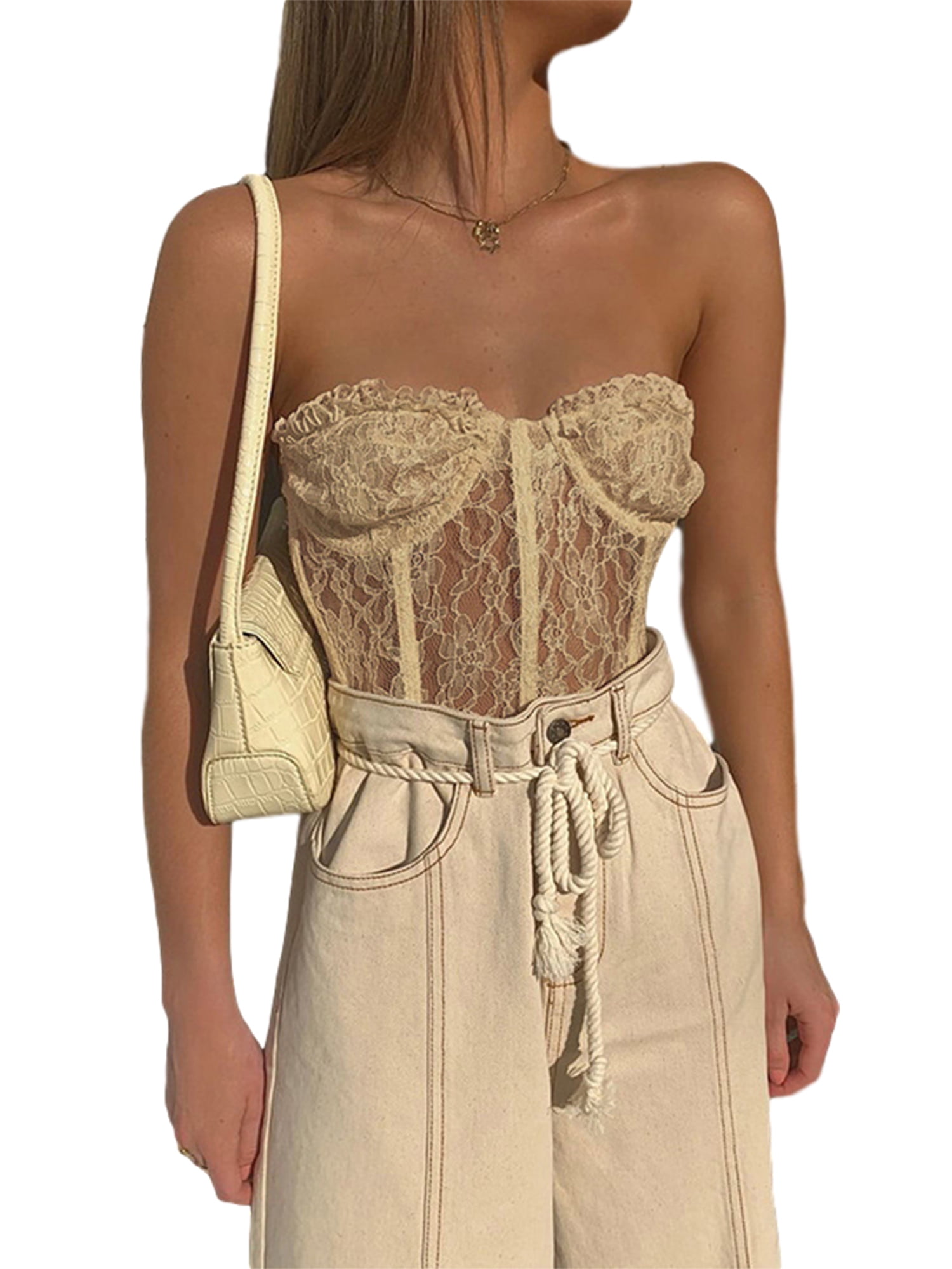 Yilvust Womens Lace Strapless Tube Top Sleeveless Twist Front Knit Crop