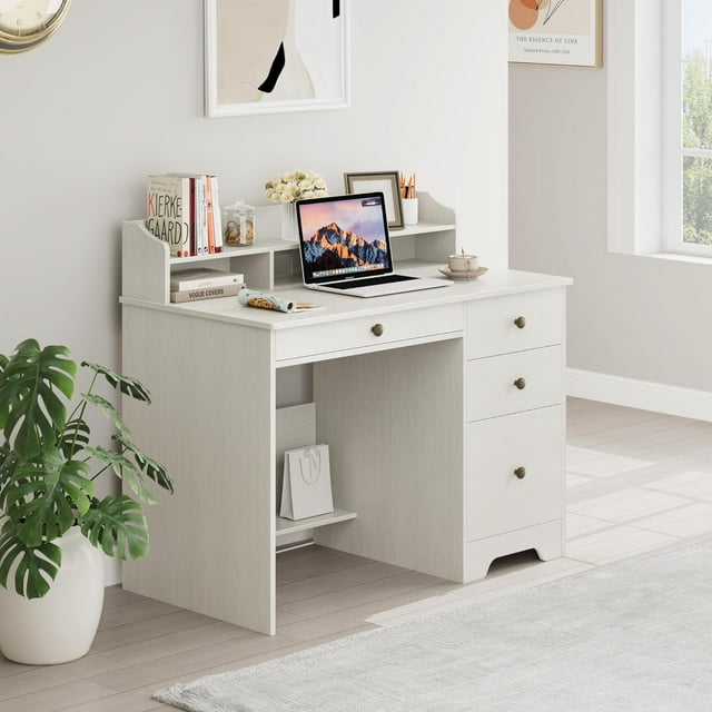 YiSHOP Computer Desk with Drawers and Hutch Shelf, Wood Executive Desk ...
