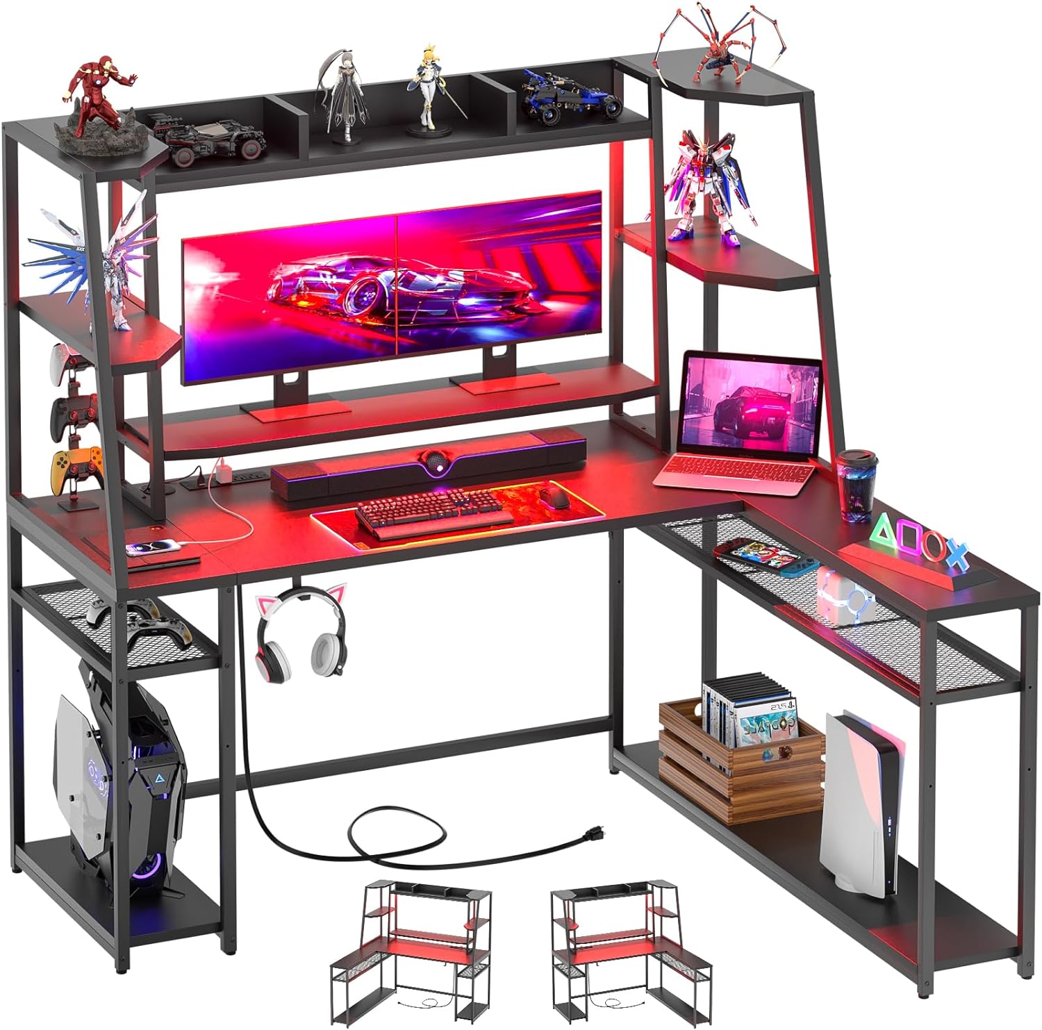 YiSHOP L Shaped Gaming Desk with Hutch, 63'' L Desk for Gaming with ...