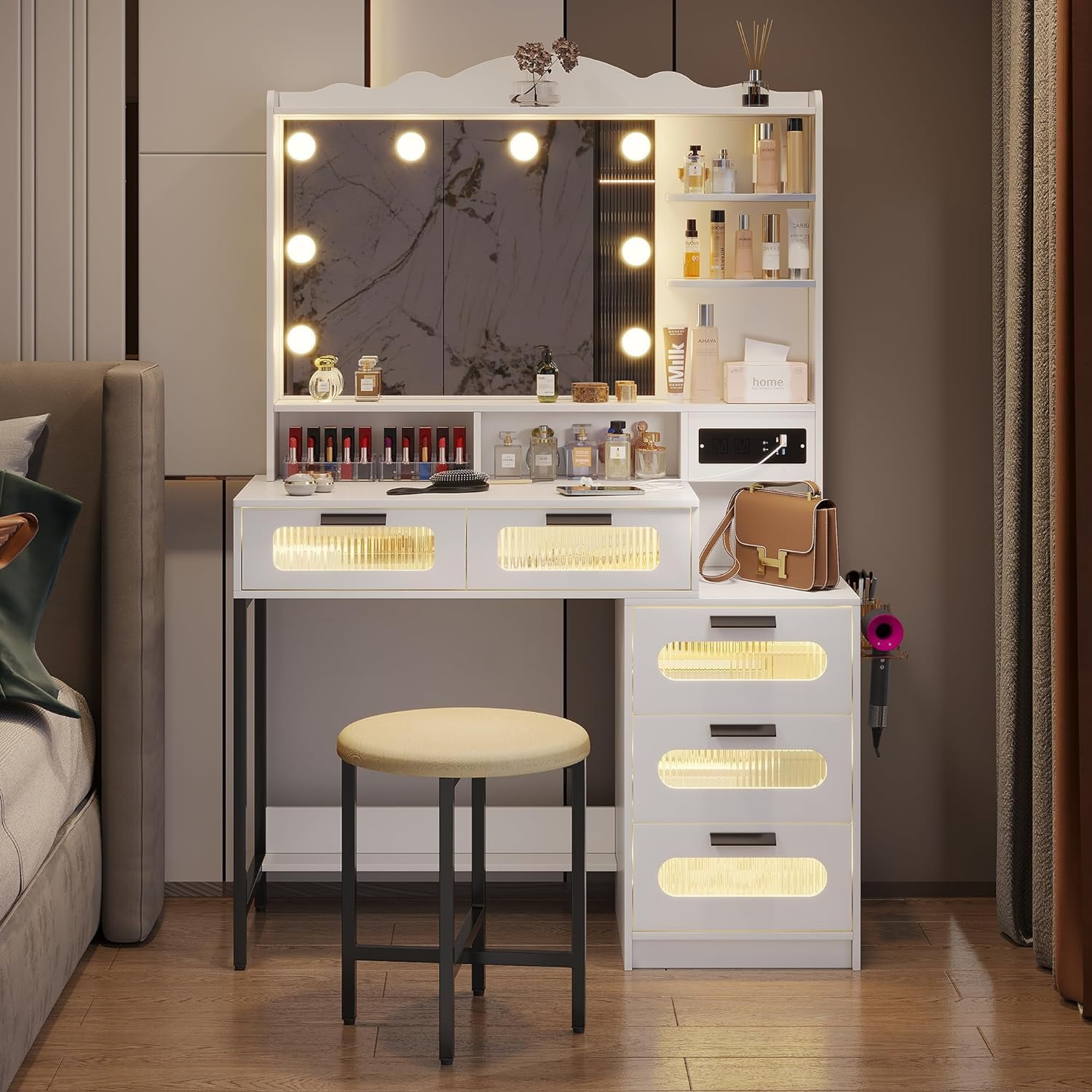 YiSHOP Vanity Desk with Mirror and Lights, Large Makeup Vanity Table ...