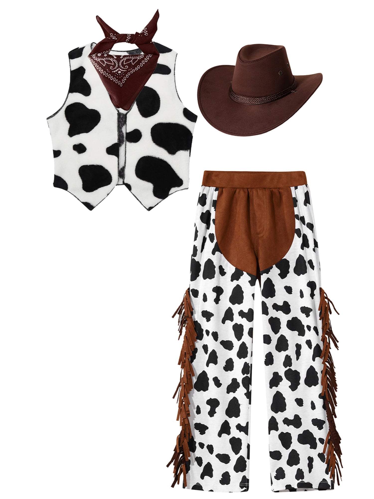 YiZYiF 4Pcs Kids Western Rodeo Cowboy Costume Cow Print Vest with Hat ...