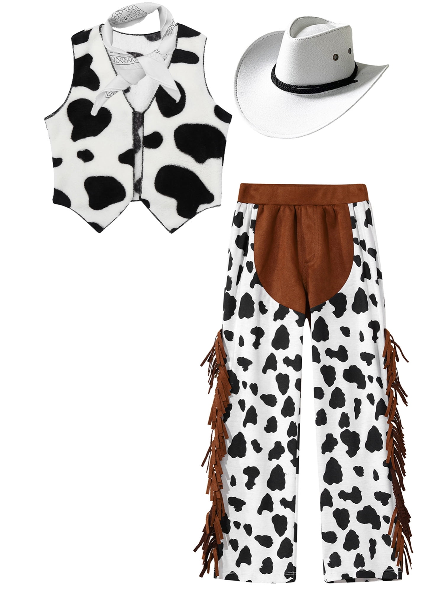 YiZYiF 4Pcs Kids Western Rodeo Cowboy Costume Cow Print Vest with Hat ...