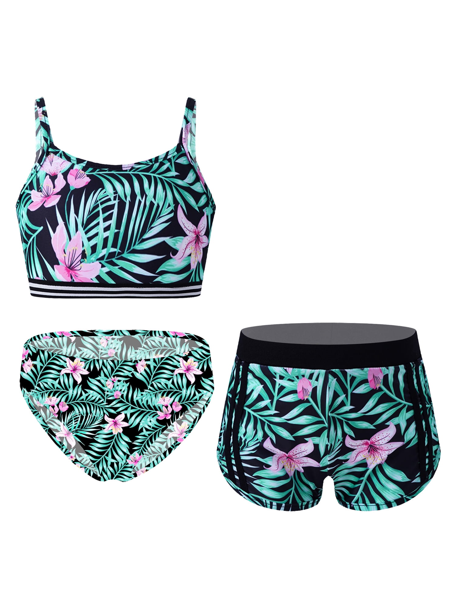 YiZYiF Girls 3Pcs Tankini Swimsuit Set Spaghetti Shoulder Straps Crop ...