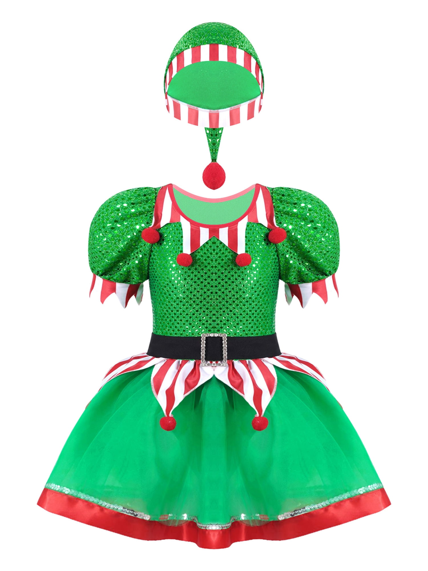 YiZYiF Girls Christmas Santa Elf Costume Shiny Sequins Leotard Dress ...