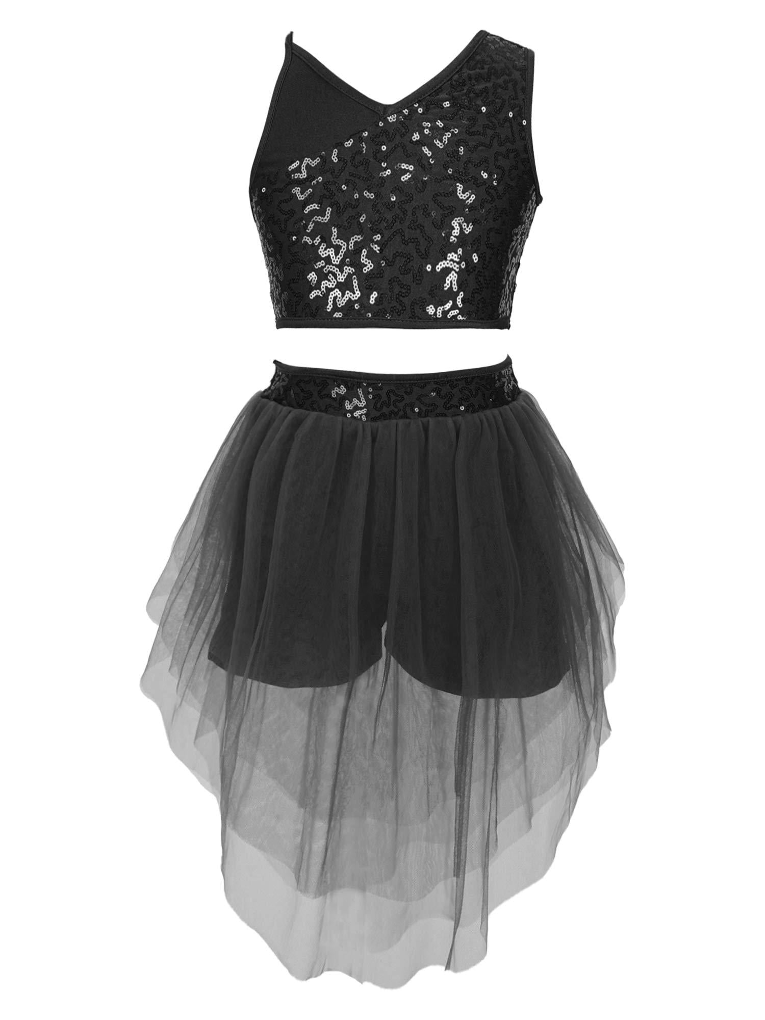 YiZYiF Girls Dance Performance Outfit Sequins Crop Top with Tutu Skirt ...